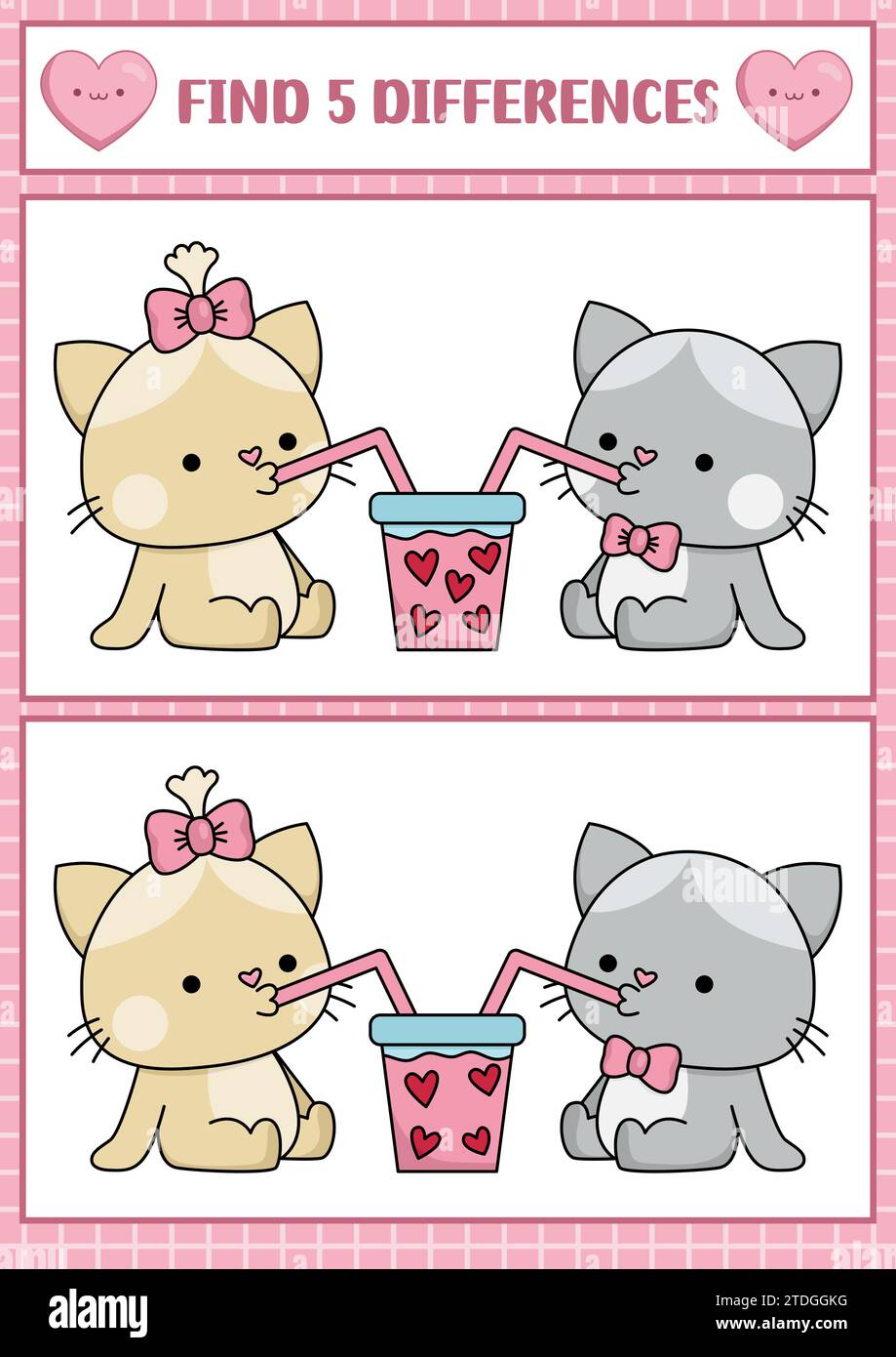 Saint Valentine kawaii find differences game for children. Attention ...