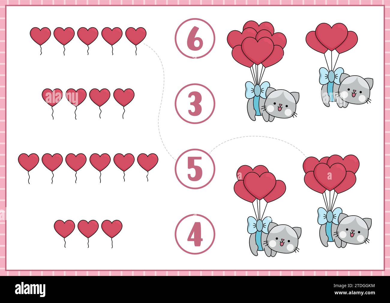 Saint Valentine matching game with cute kawaii cat flying on bunch of ...