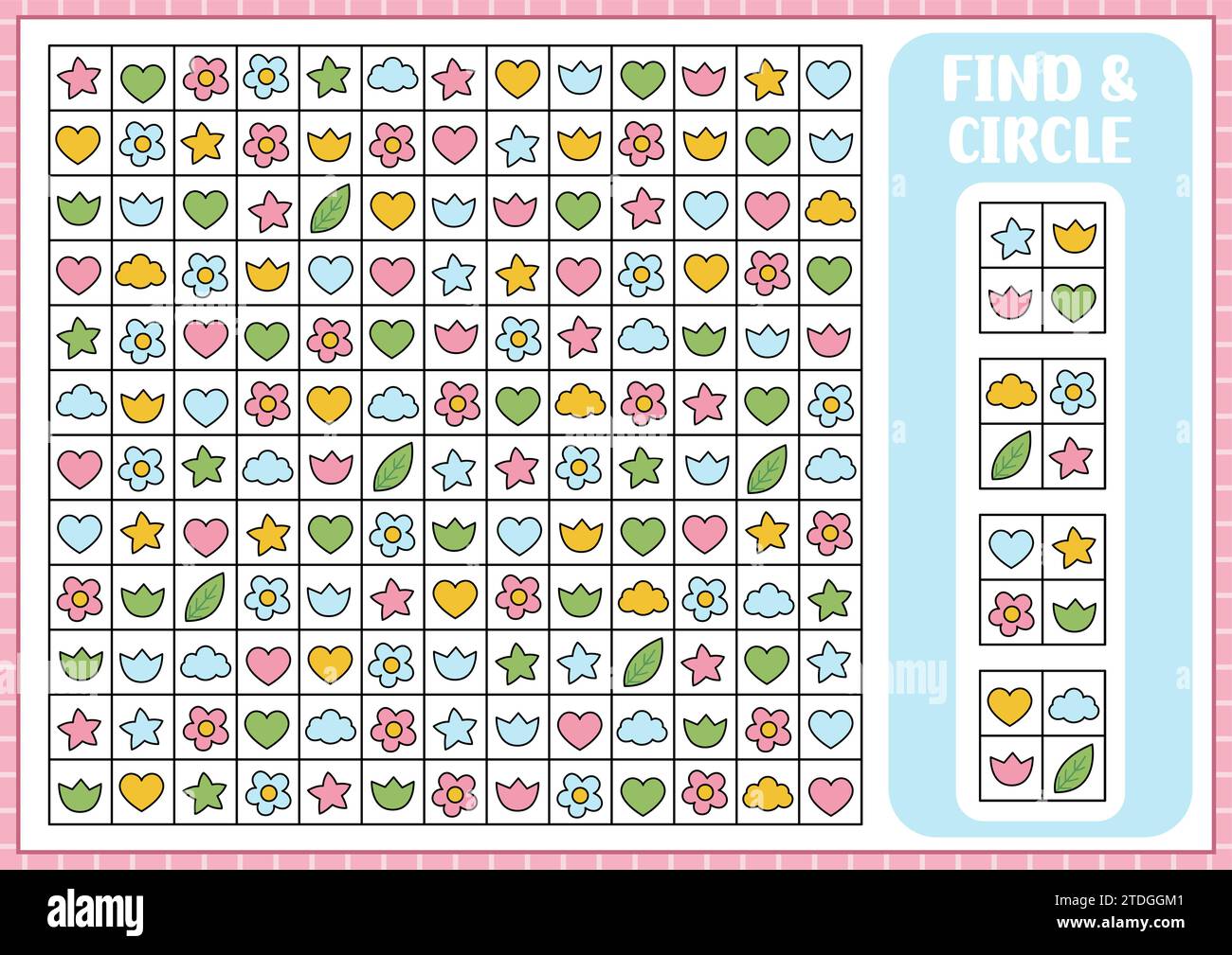 Saint Valentine seek and find game with hearts, flowers, stars, leaves ...