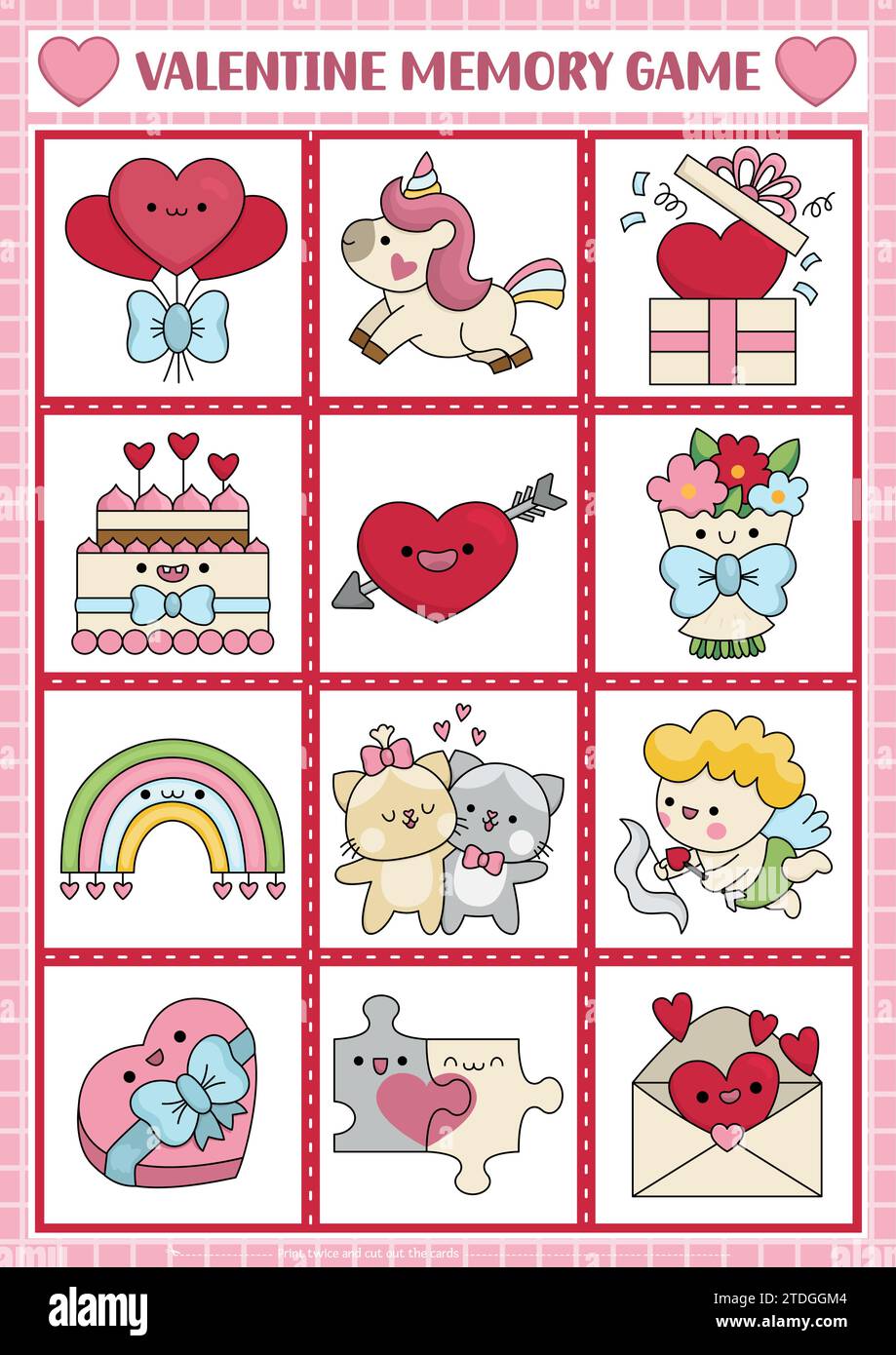 Vector Saint Valentine kawaii memory game cards with cute traditional ...