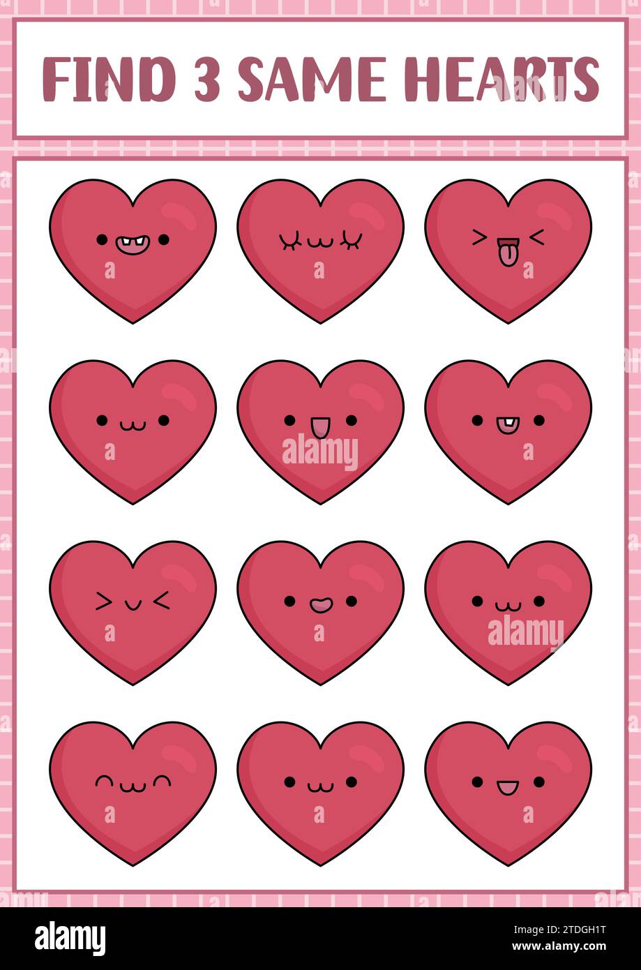 Find two same hearts. Saint Valentine kawaii matching activity for ...