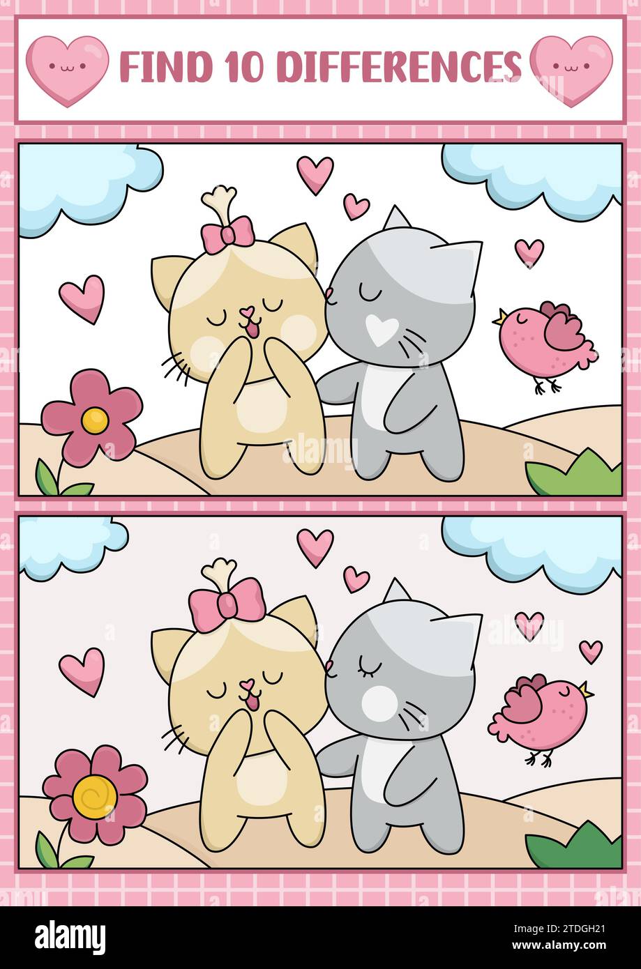 Saint Valentine kawaii find differences game for children. Attention ...
