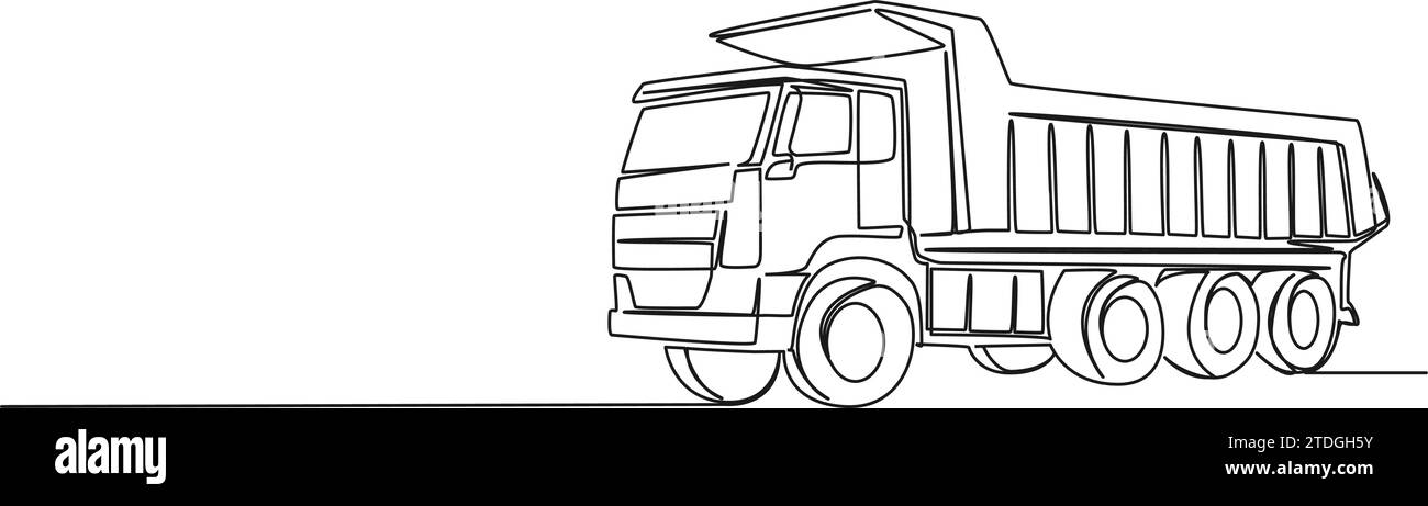 continuous single line drawing of dump truck, line art vector ...