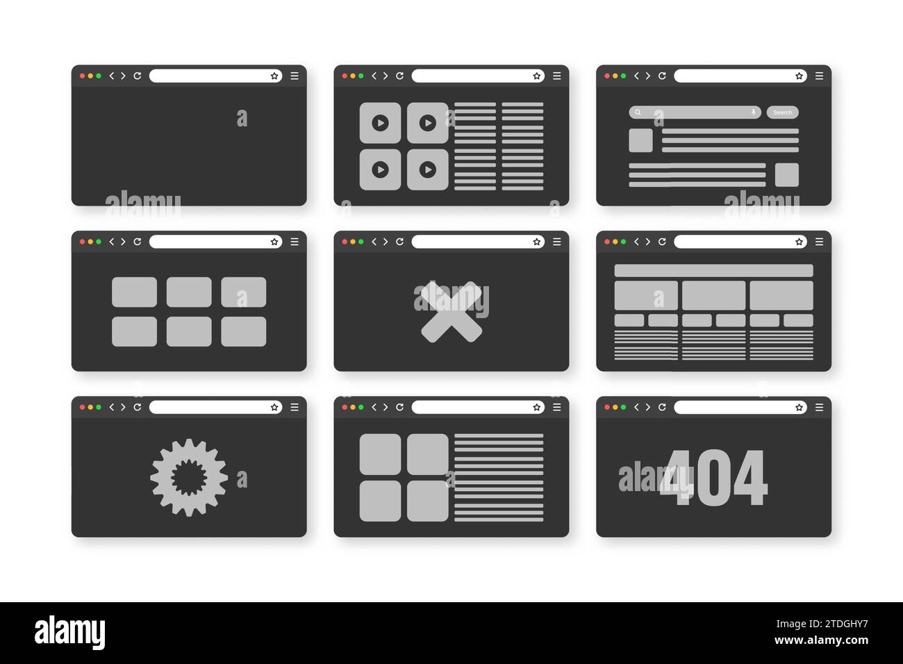Web browser window, pages layout with toolbar and search field. Modern ...