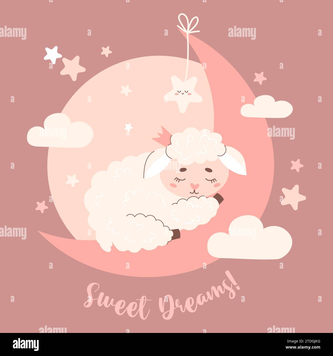 Cute little sleeping sheep princess on moon. Sweet Dreams. Pastel baby ...