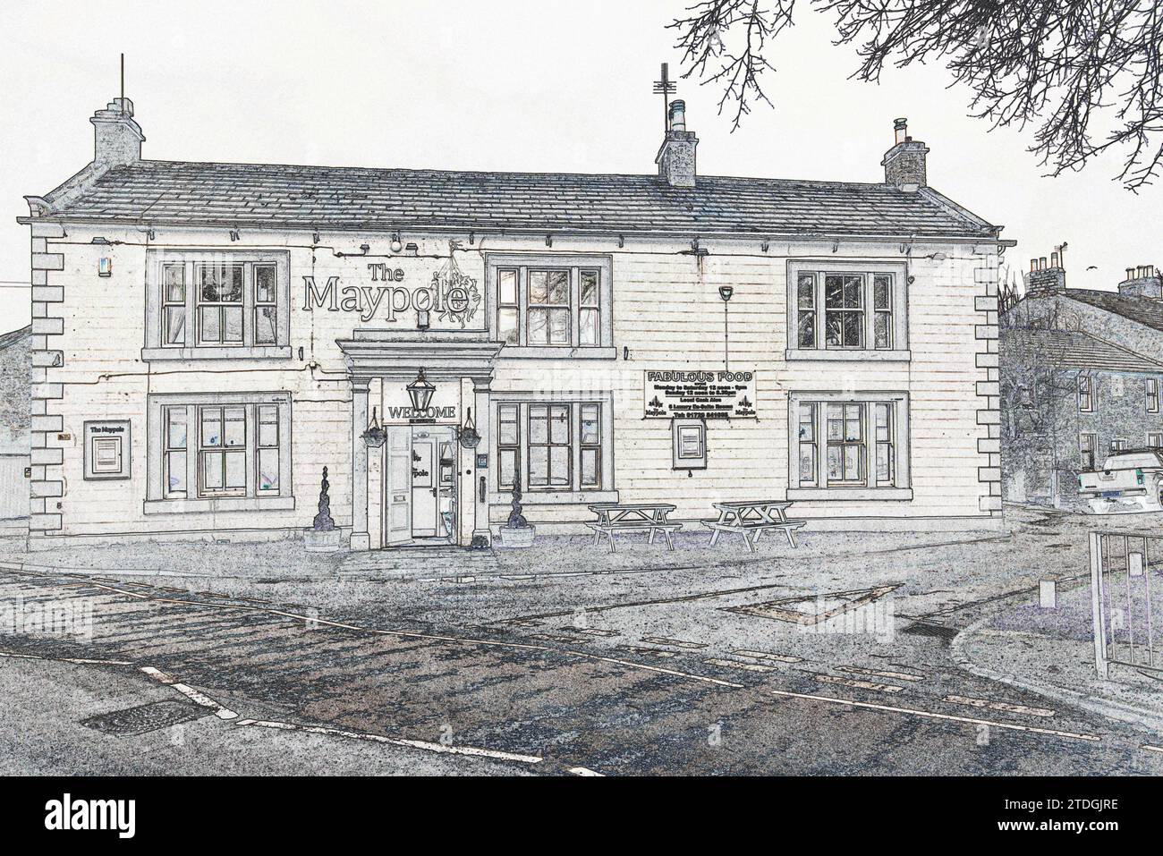 A line drawing type look of the Maypole public house in Long Preston ...