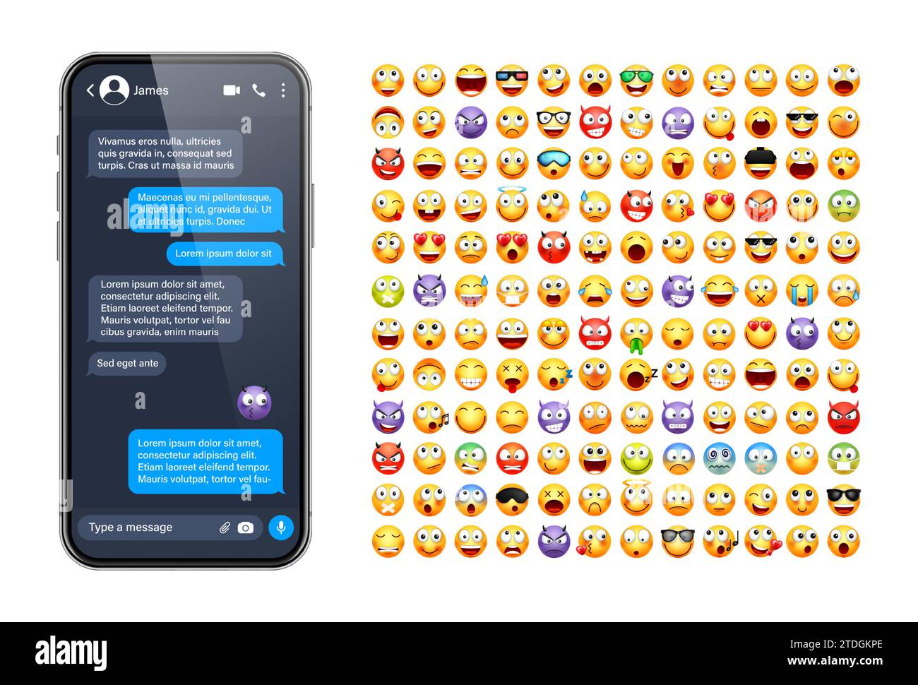 Smartphone messaging app, user interface with emoji. SMS text frame ...
