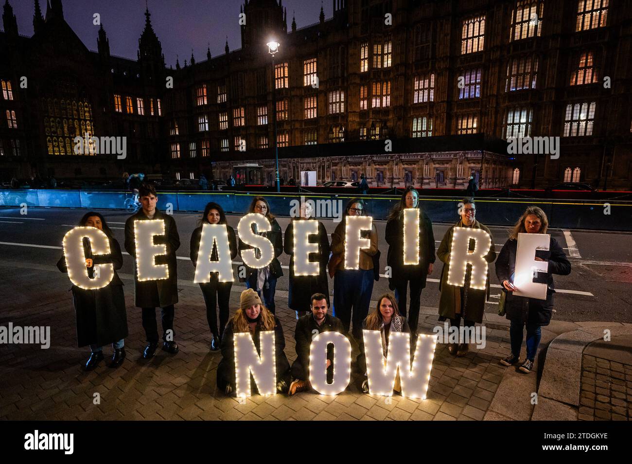 London, UK. 18th Dec, 2023. A CeasefireNOW vigil outside Parliament to ...