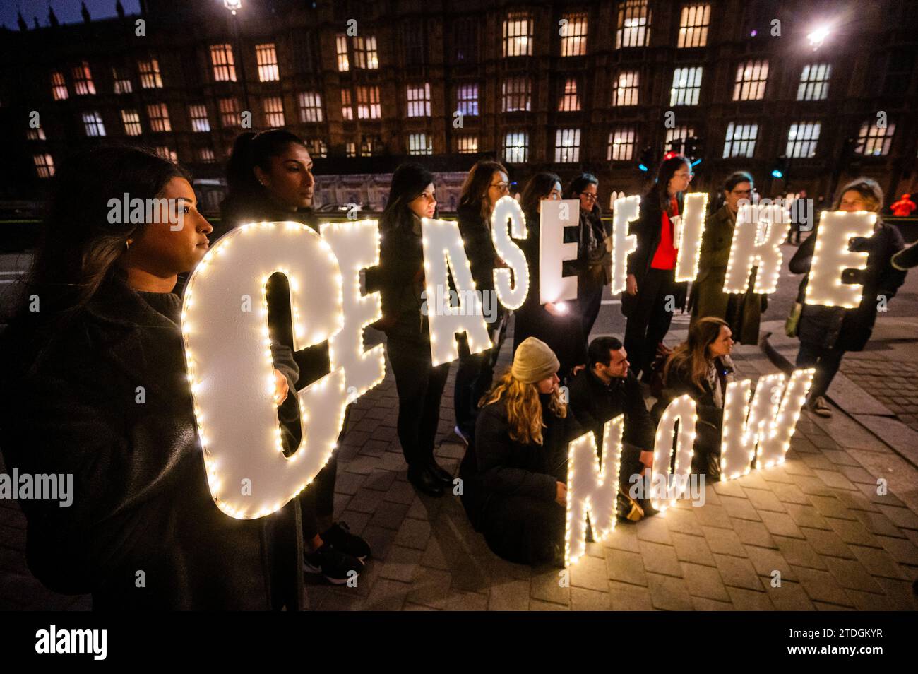 London, UK. 18th Dec, 2023. A CeasefireNOW vigil outside Parliament to ...