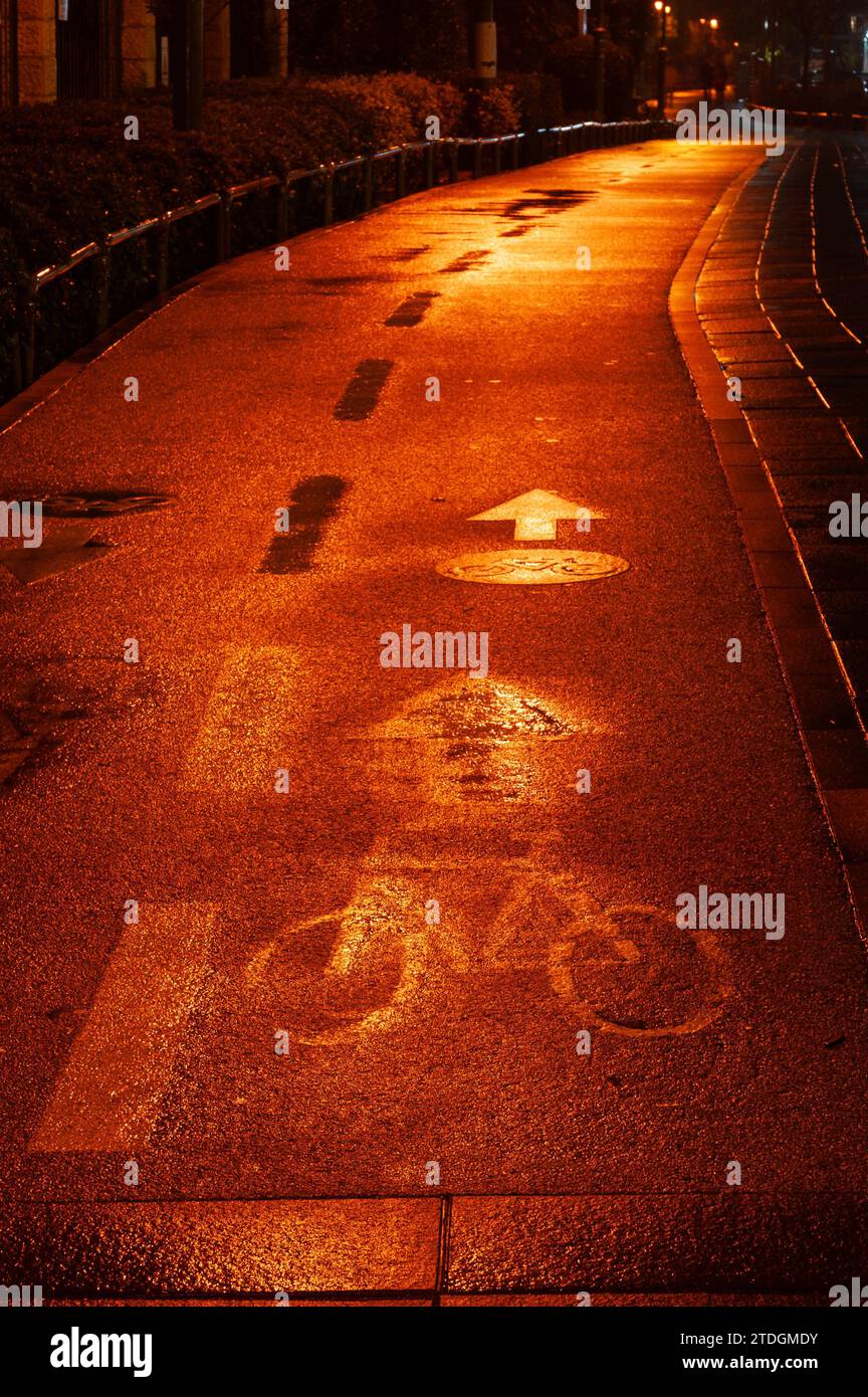 Abstract, textured, cracked section of a bicycle path on a rainy night ... Abstract, textured, cracked section of a bicycle path on a rainy night ...