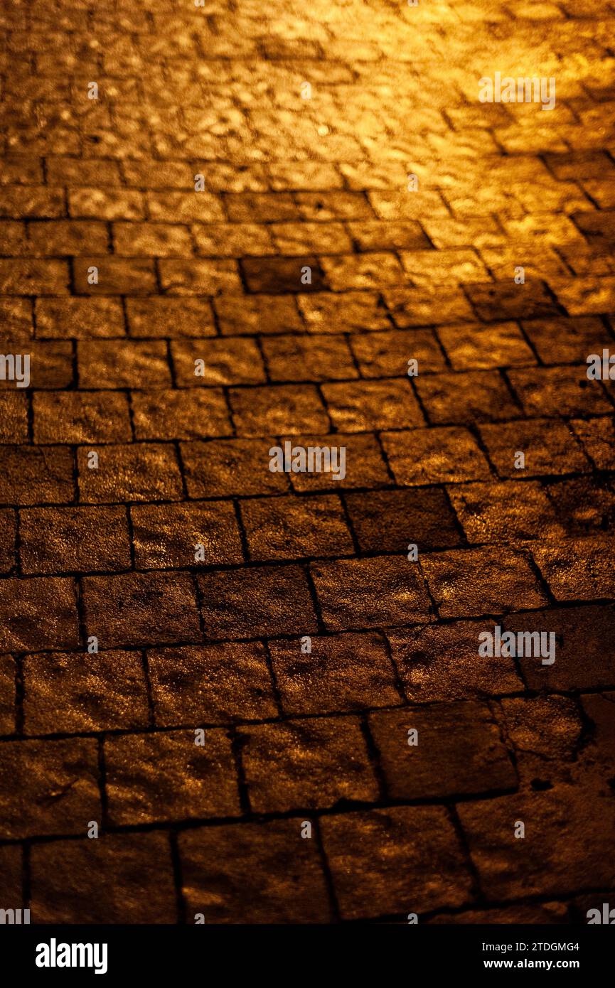 Shiny, colorful, cobblestone streets shimmer with artificial light ...