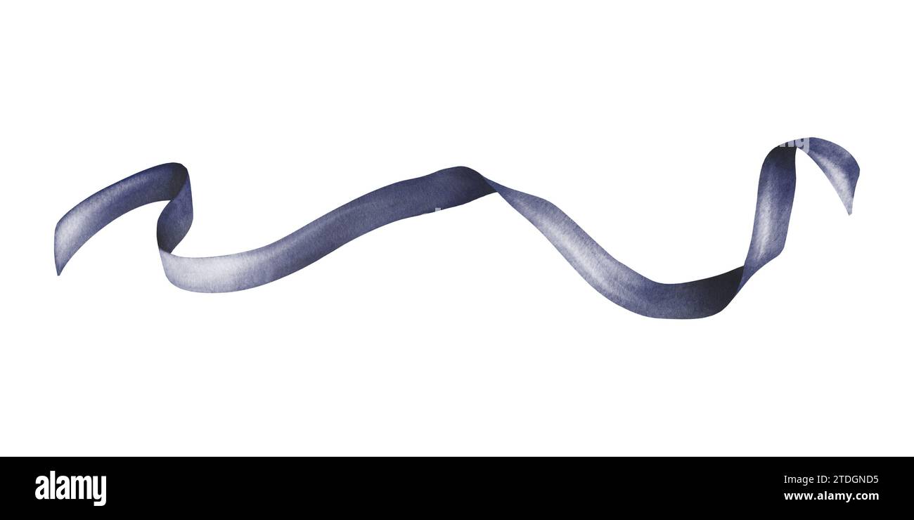 Dark blue satin ribbon, twisted. Hand drawn watercolor illustration ...