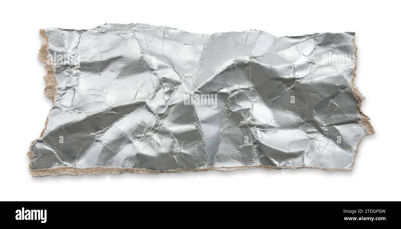 A piece of crumpled silver paper with folds and wrinkles on a white ...