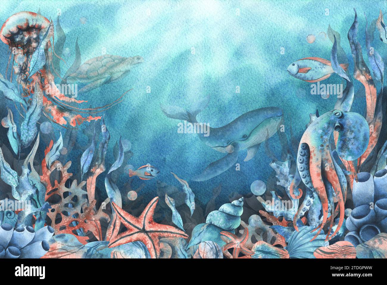 Underwater world clipart with sea animals whale, turtle, octopus ...