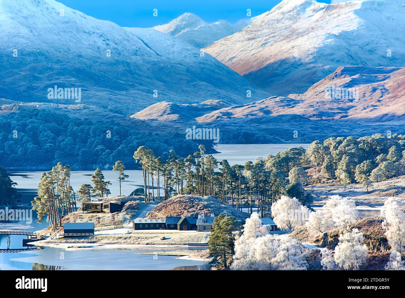 Glen Affric Cannich Scotland a blue sky sunshine and a white frost over ...