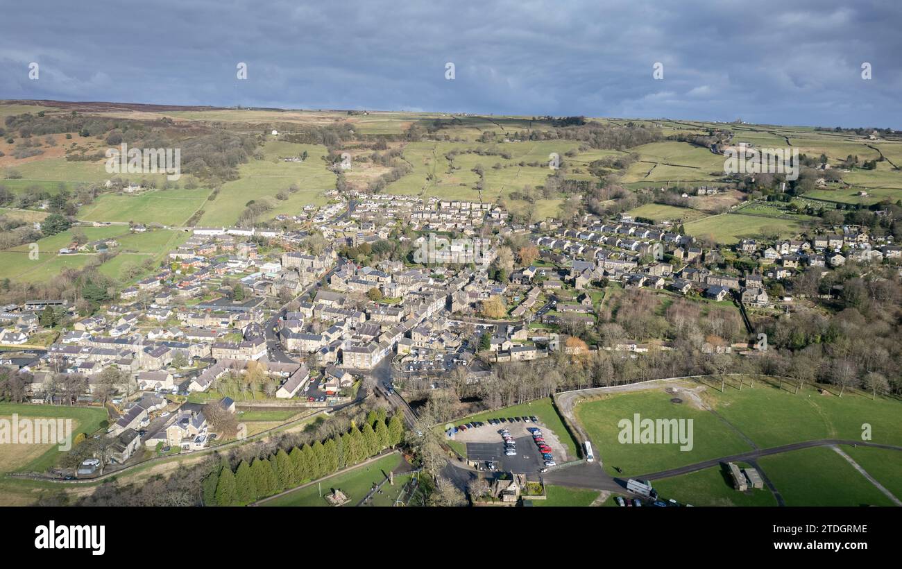 Aerial view of Pateley Bridge in early spring, a market town in the ...
