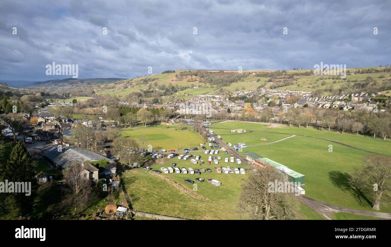Aerial view of Pateley Bridge in early spring, a market town in the ...