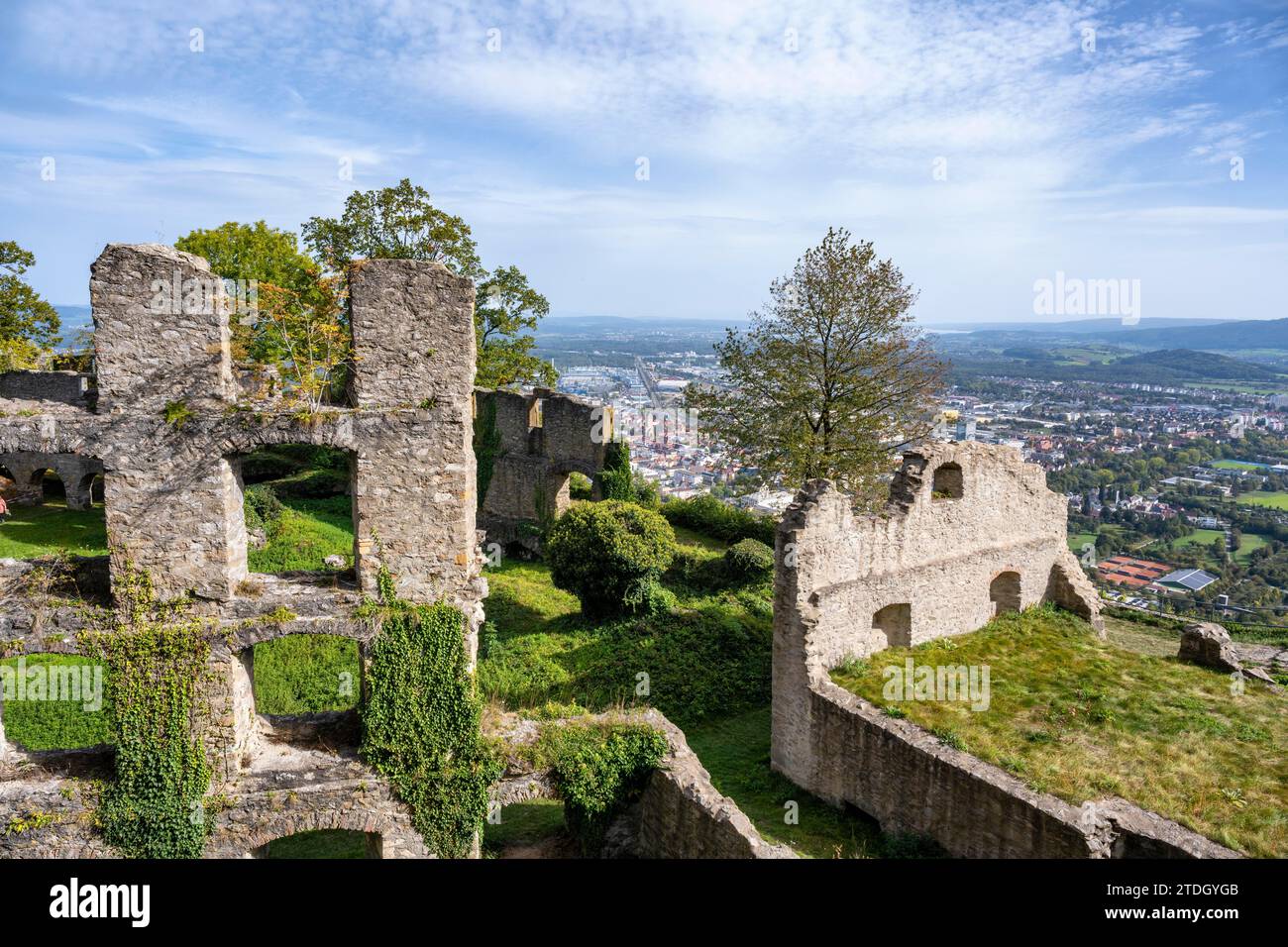 The Hohentwiel fortress ruins with a view of the town of Singen am ...
