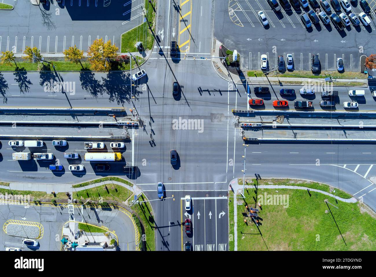 Air view of an urban intersection, with cars moving heavily during rush ...