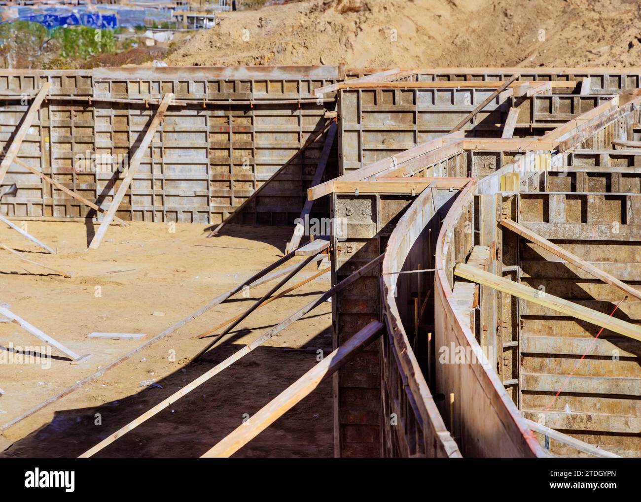 An assemble metal formwork is ready to pour concrete fo foundation of ...