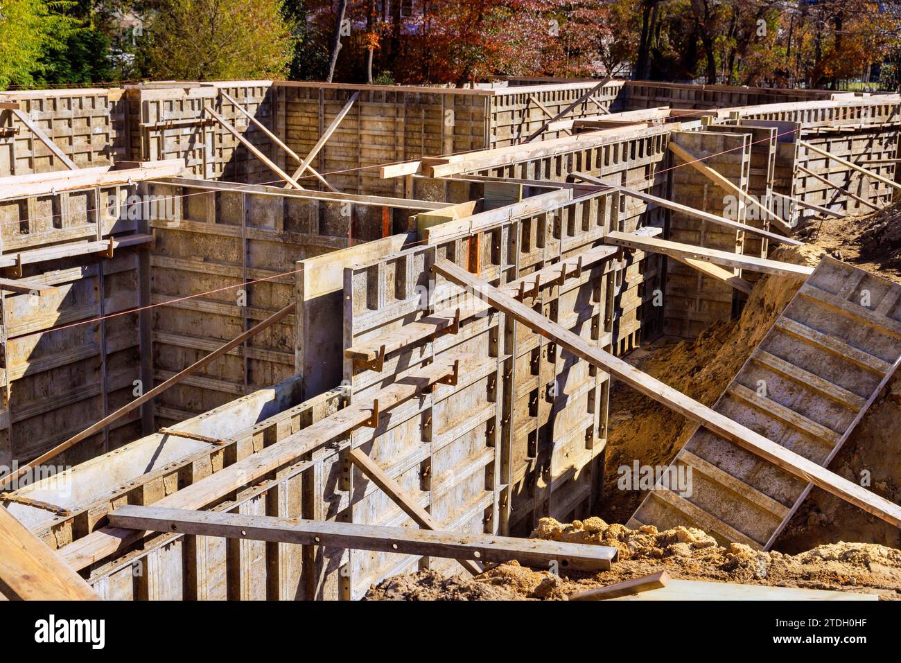 Metal formwork is ready to be used for pouring concrete for foundation ...