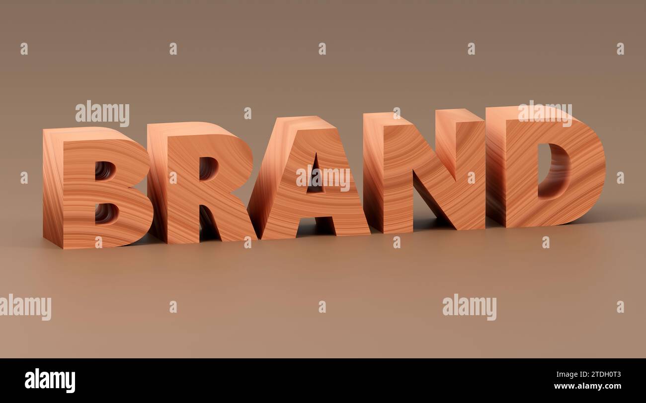 Luxury wooden inscription brand on grey podium, soft light, front view ...