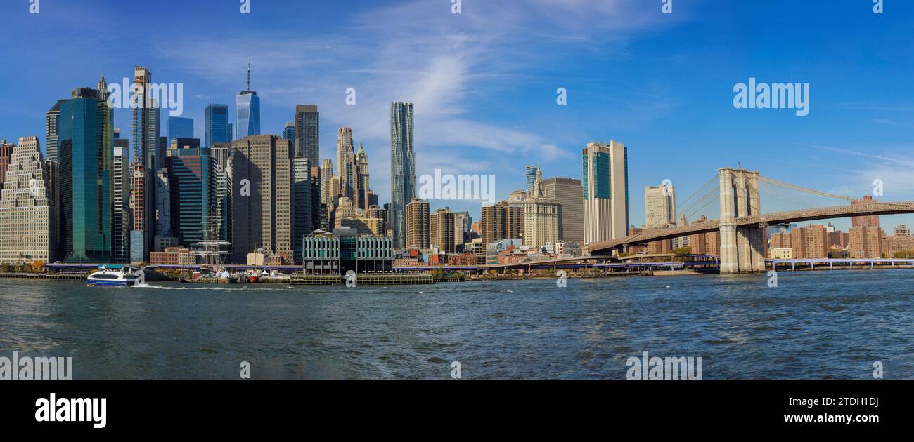 View of metropolis city skyline New York City from Brooklyn Bridge ...