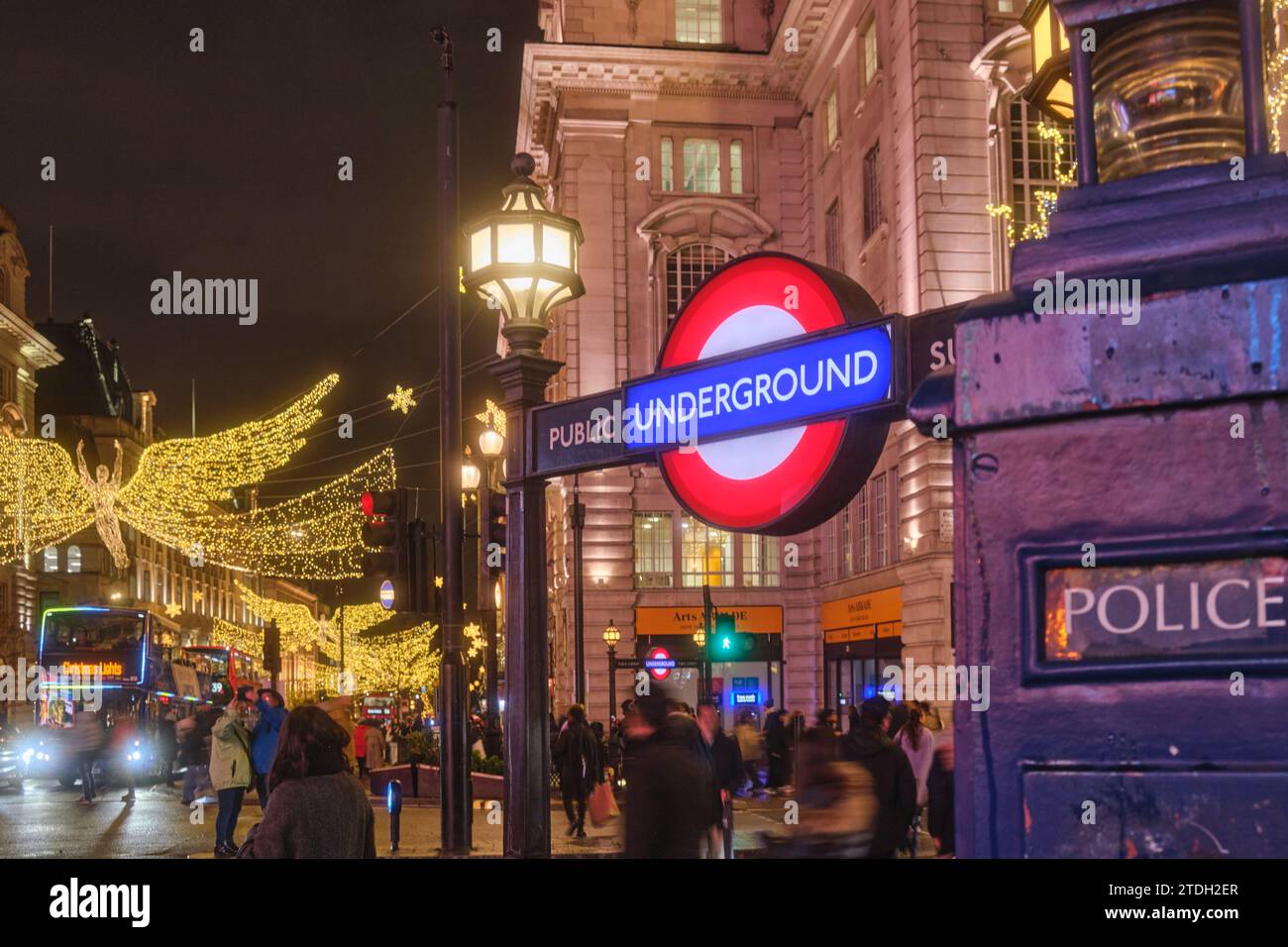 London, United Kingdom - November 16, 2023: Underground Entrance at Piccadilly Circus at night ...