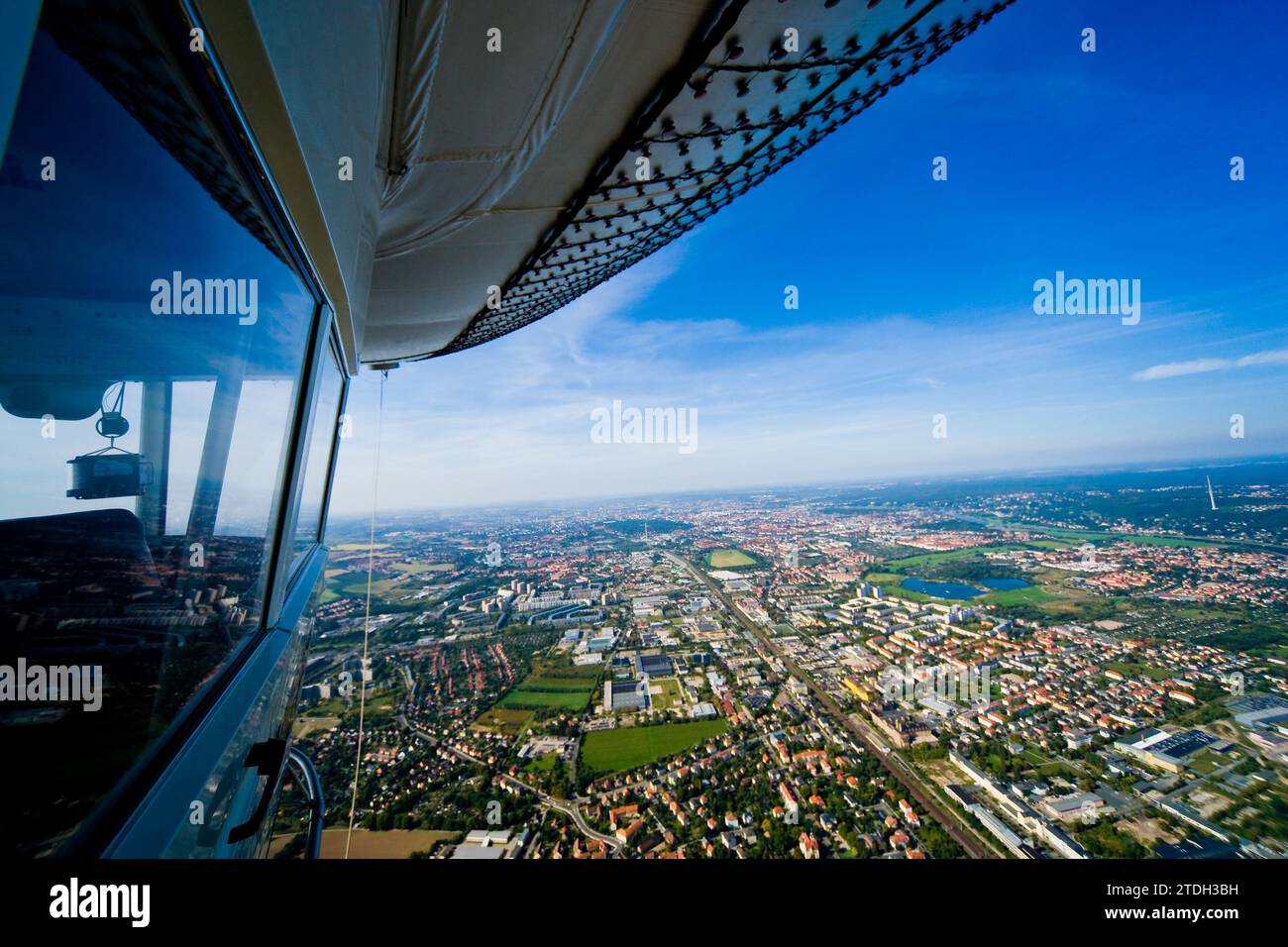 View from an airship gondola over Dresden Reick. This neighbourhood is ...