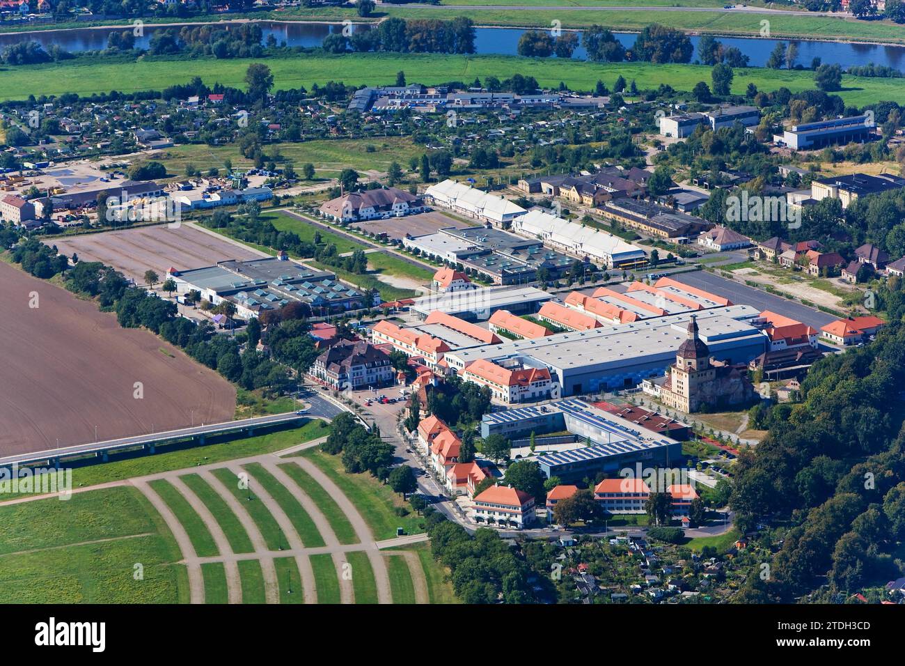 Aerial view of Dresden Ostragehege, the new exhibition centre in the ...