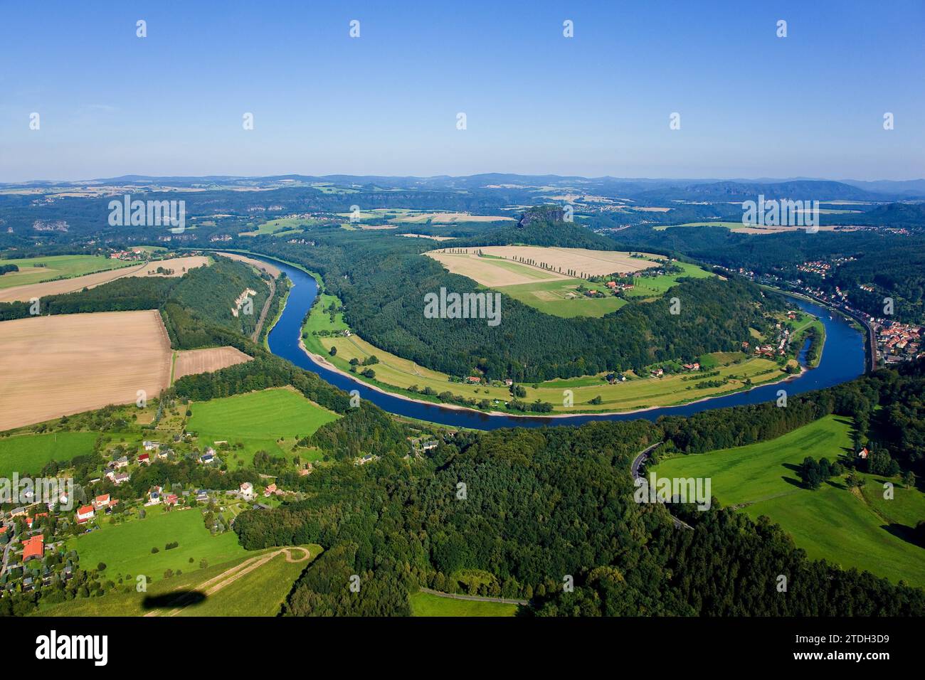 Aerial view of Koenigstein, in large arches, the Elbe has dug deep into ...