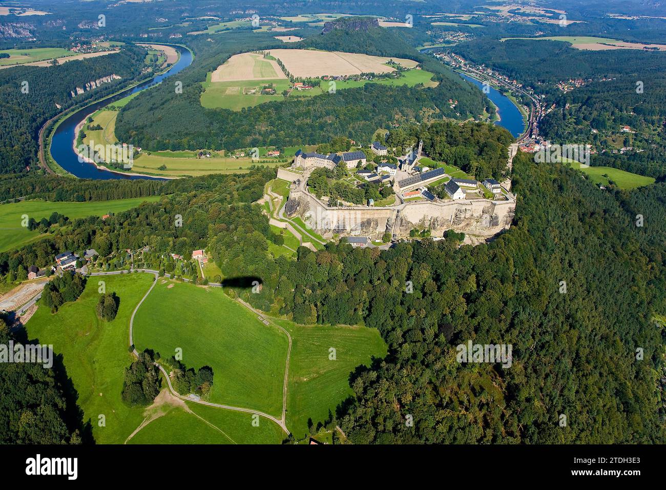 Aerial view of Koenigstein, in large arches, the Elbe has dug deep into ...