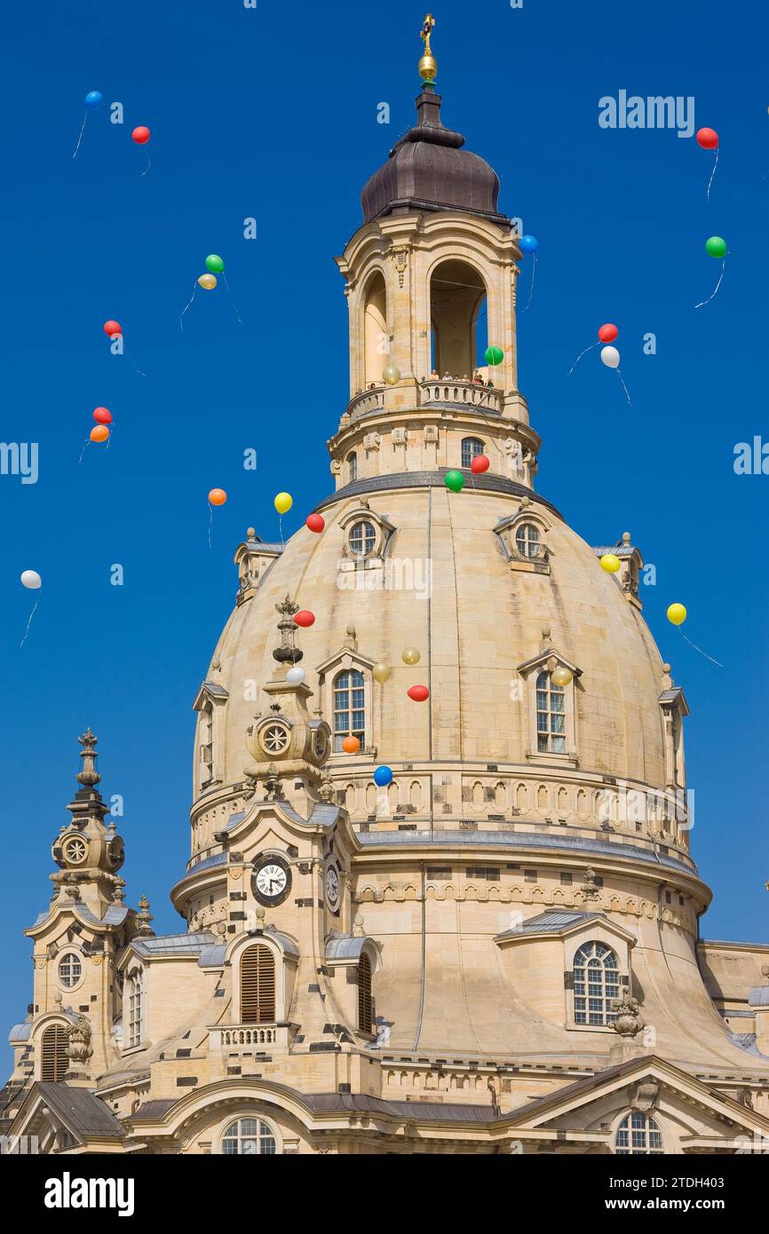 The rebuilt Church of Our Lady with flying balloons Stock Photo - Alamy