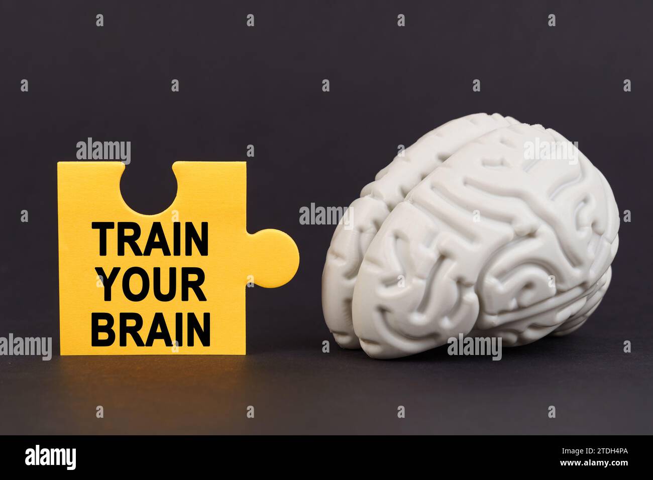 On a black surface there is a brain and a yellow puzzle with the ...