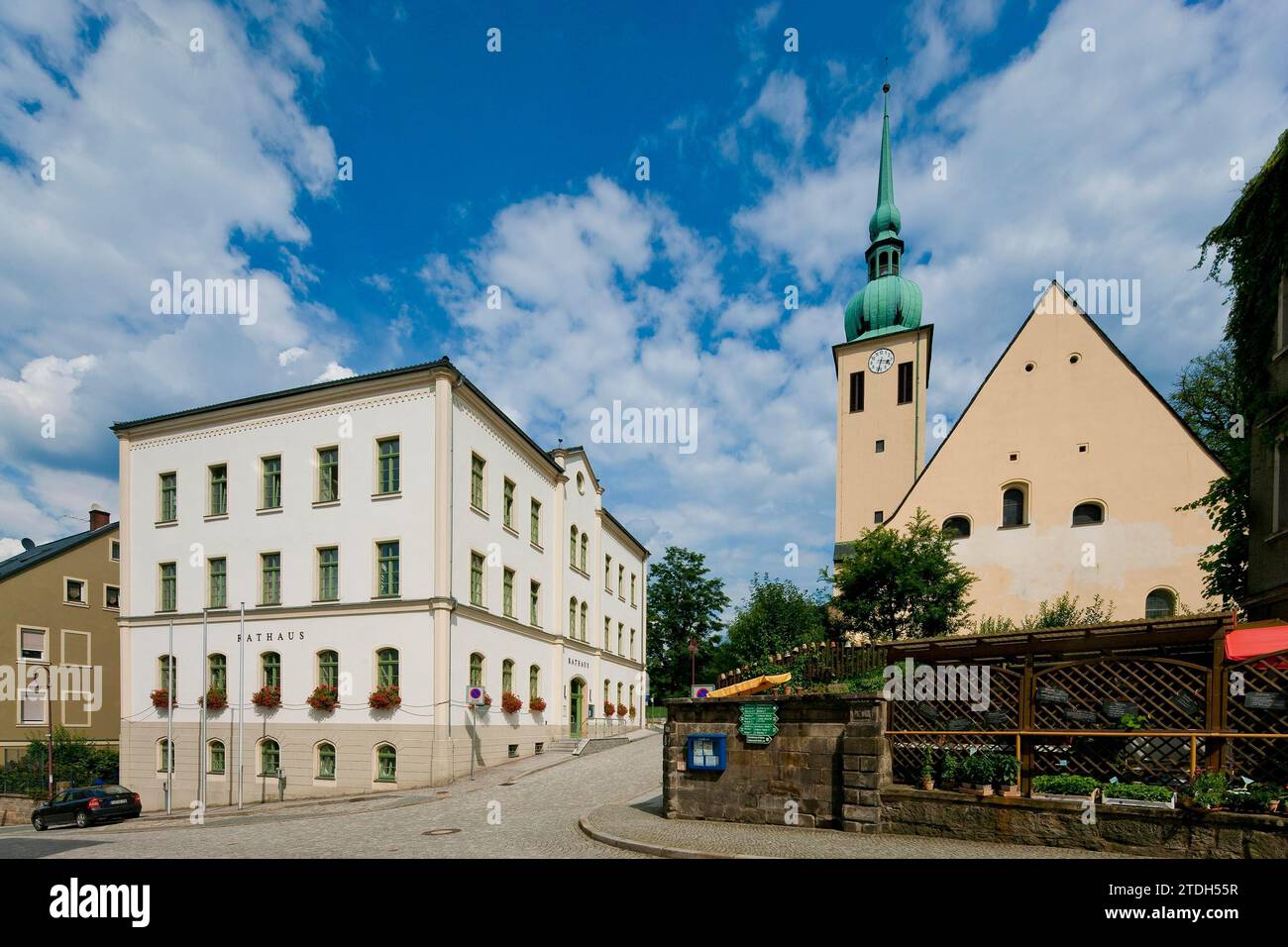 Sebnitz town hall and church Stock Photo - Alamy