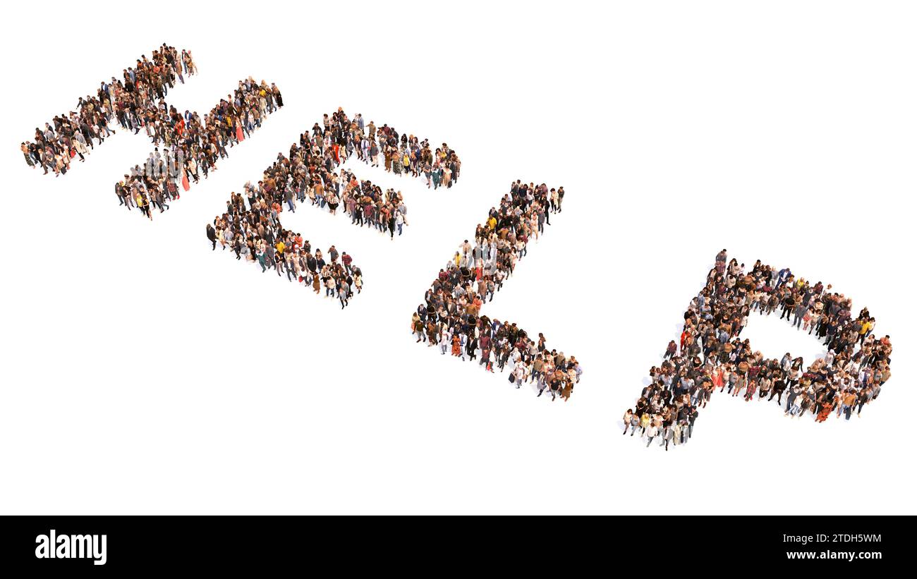 Conceptual large community of people forming HELP slogan. 3d ...