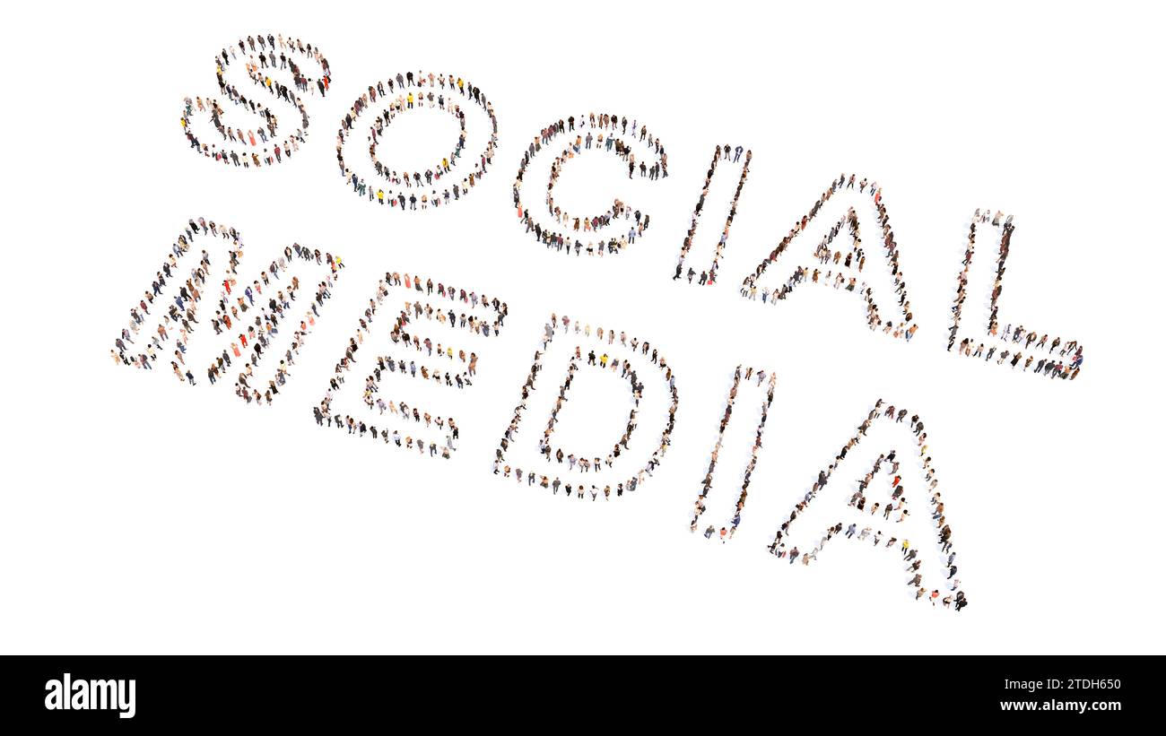 Conceptual large community of people forming SOCIAL MEDIA word. 3d ...