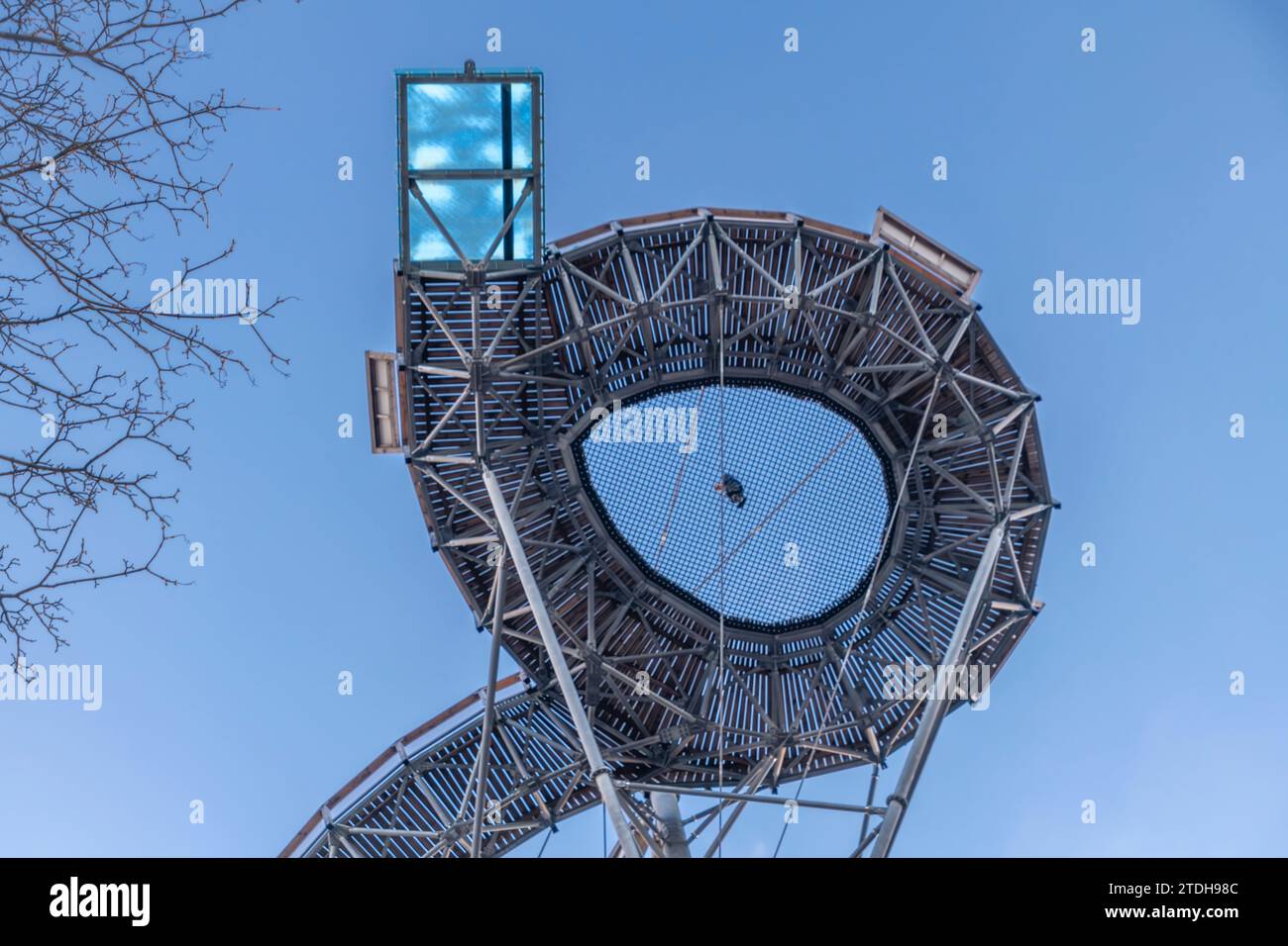Skywalk wooden observation tower in cold blue sky day in Swieradow ...