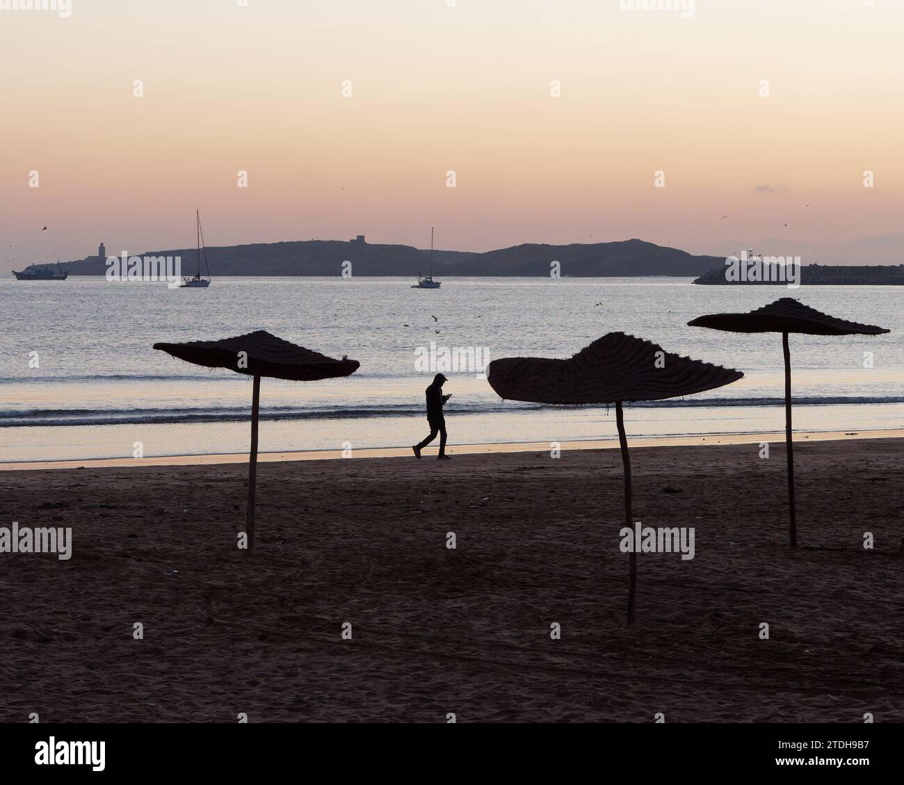 Sunset aand beach as a tourist walks past parasols in silhouette with ...