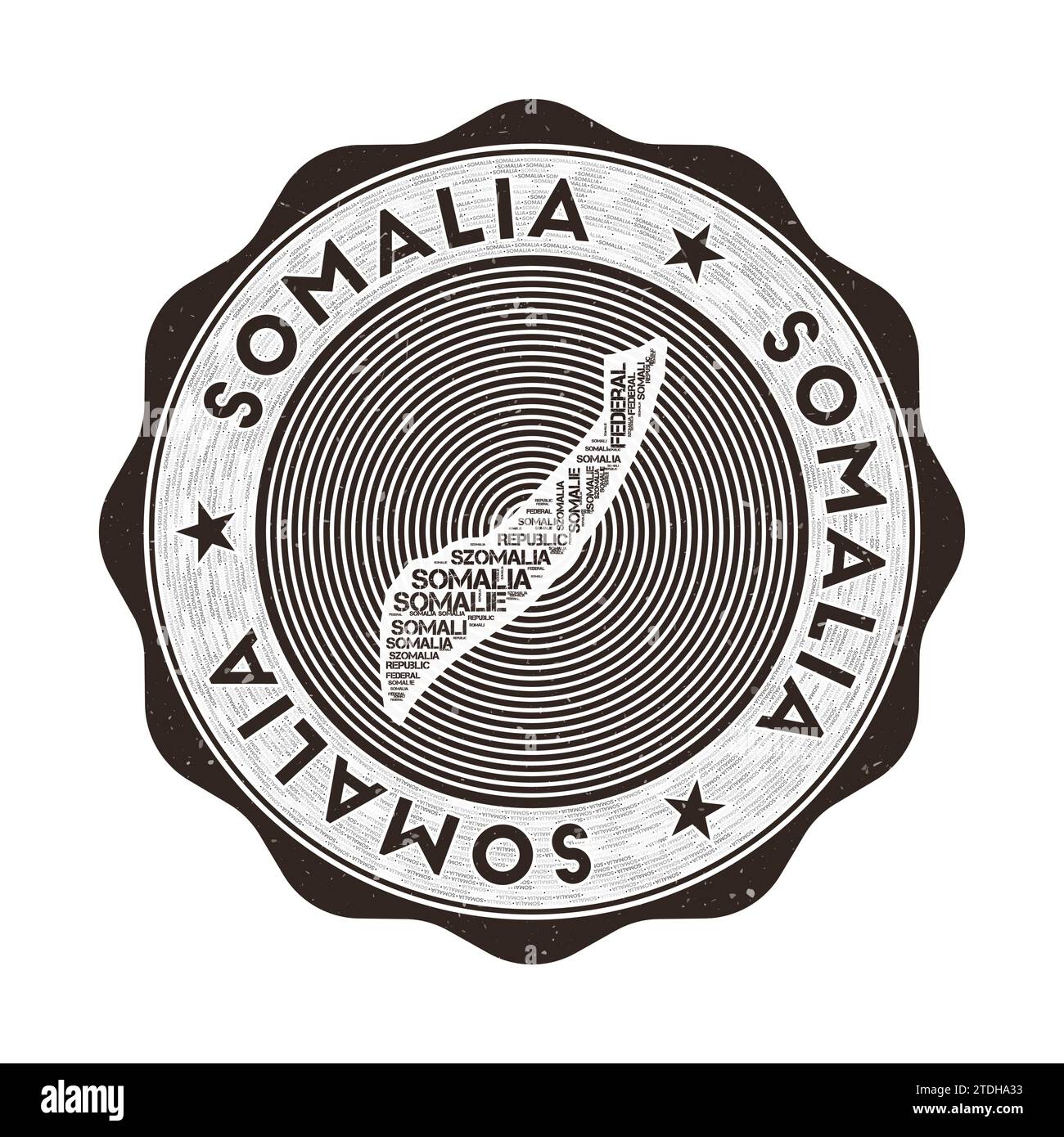 Somalia seal. Country round logo with shape of Somalia and country name ...