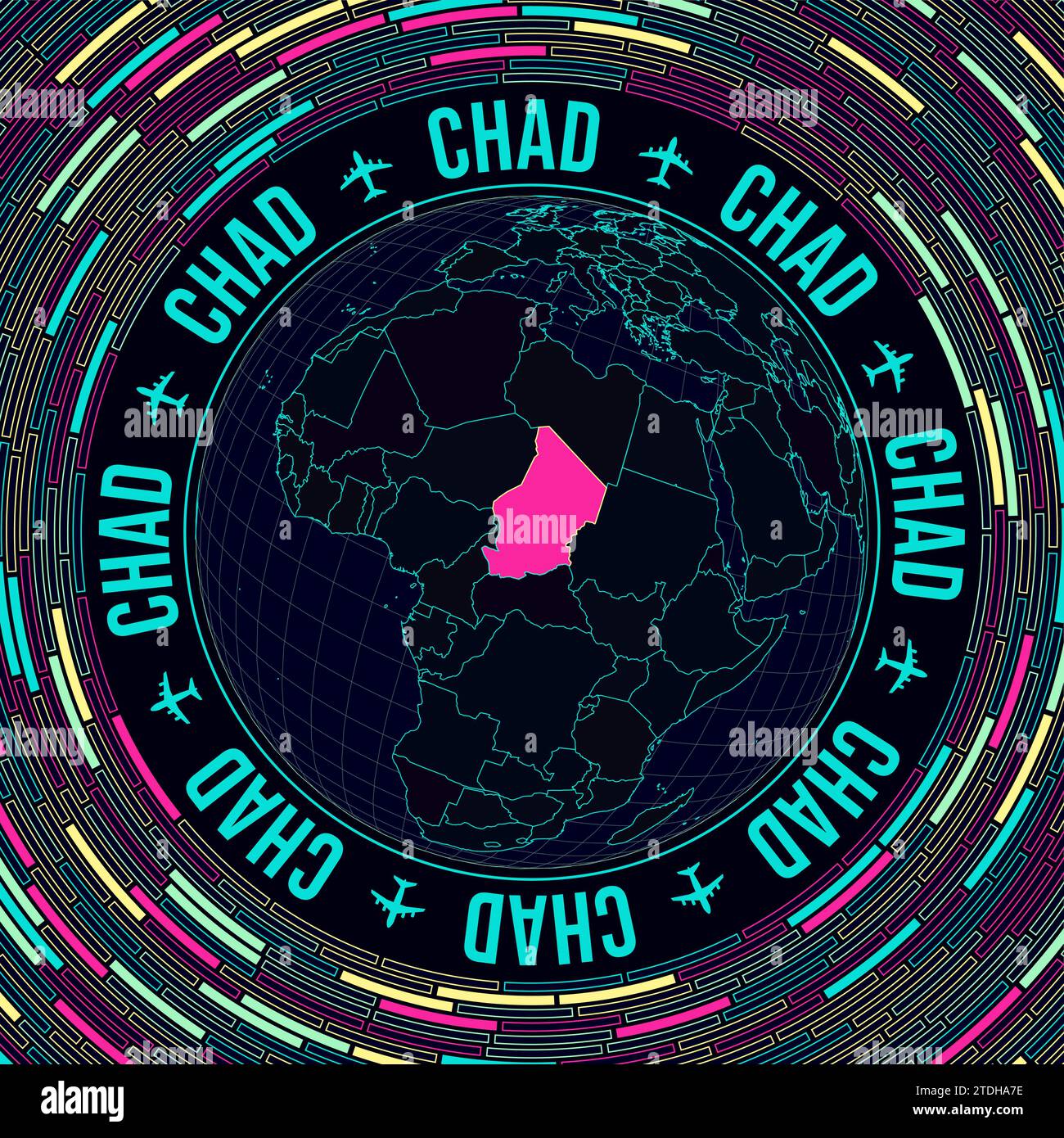 Chad on globe. Satelite view of the world centered to Chad. Bright neon ...
