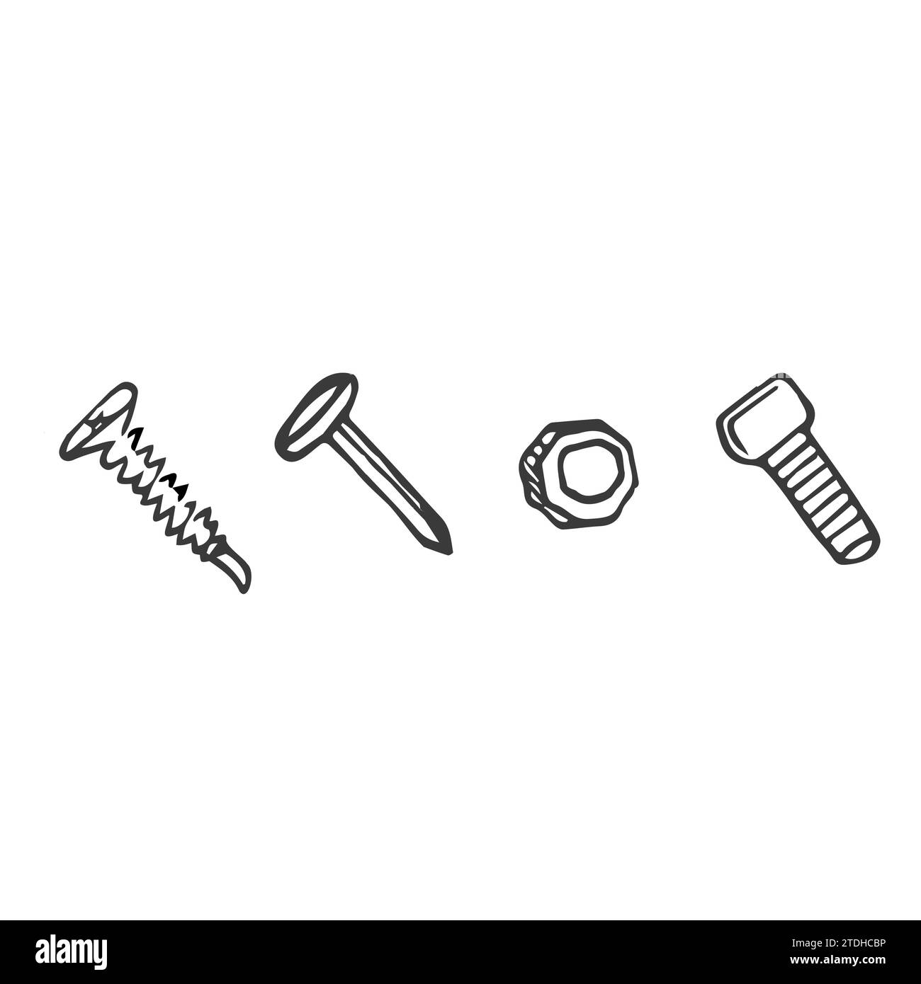 Vector drawn nail, screw and hexagon. Simple outline doodle drawing ...