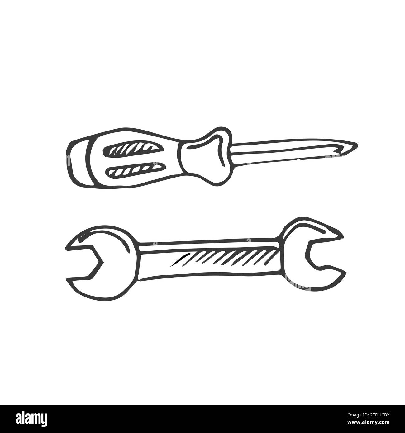 Set of hand drawn doodle vector Tools Screwdriver and Wrench. Tools set ...