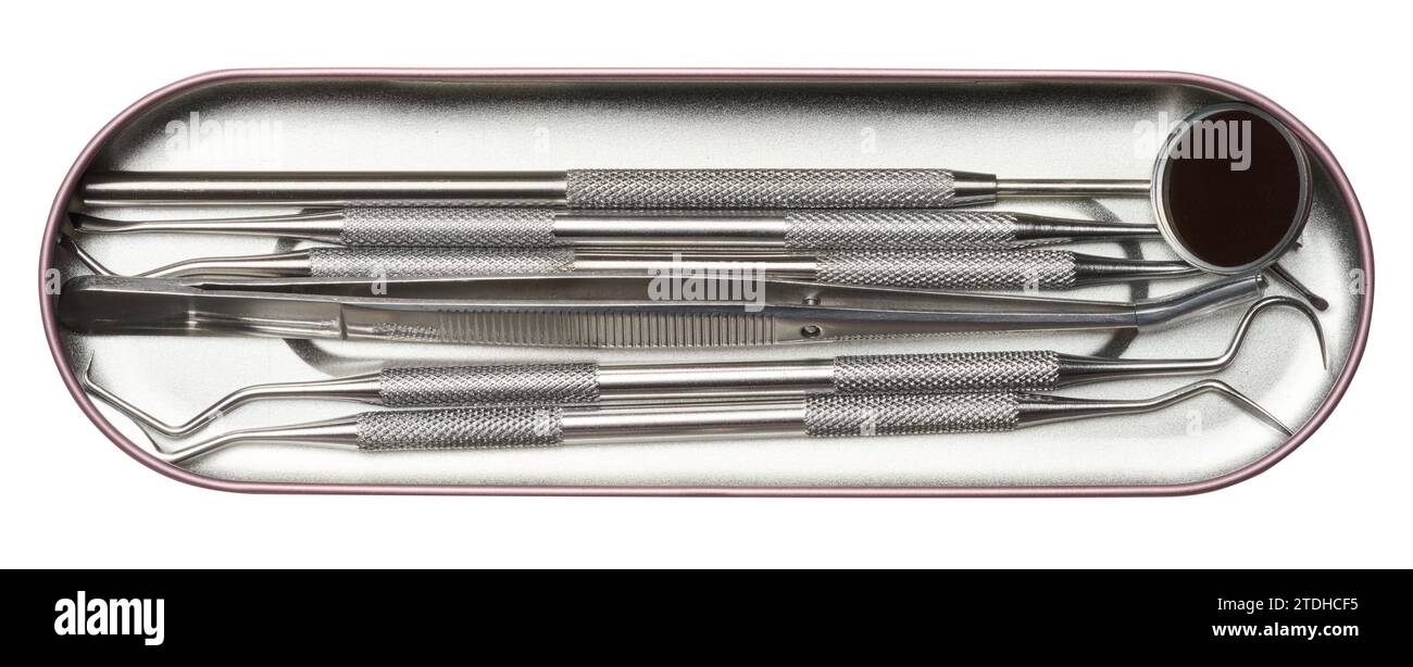 Dentist medical instruments set in metal box on isolated background ...
