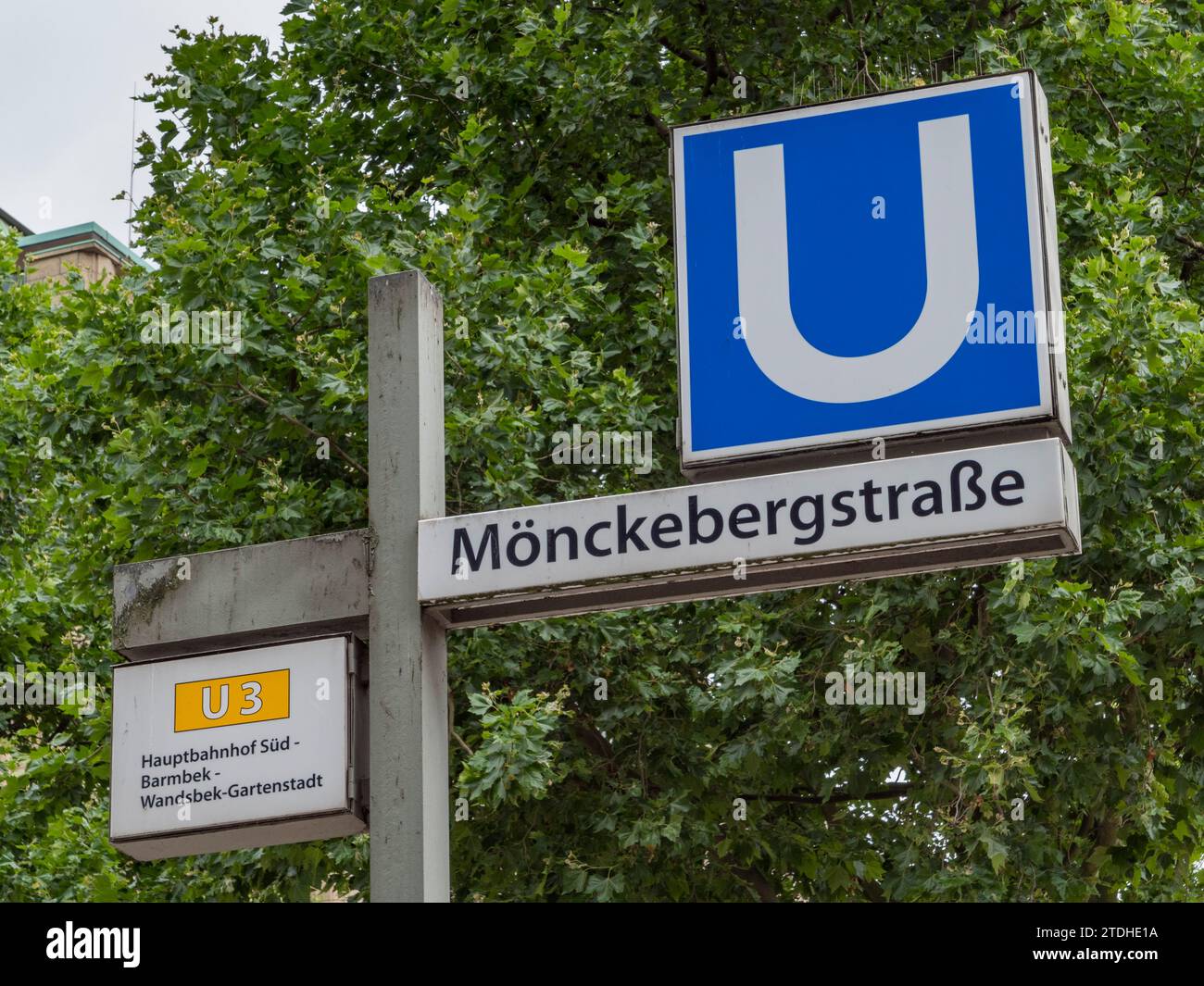 Typical U-bahn sign outside a station (Mönckebergstraße) in Hamburg ...