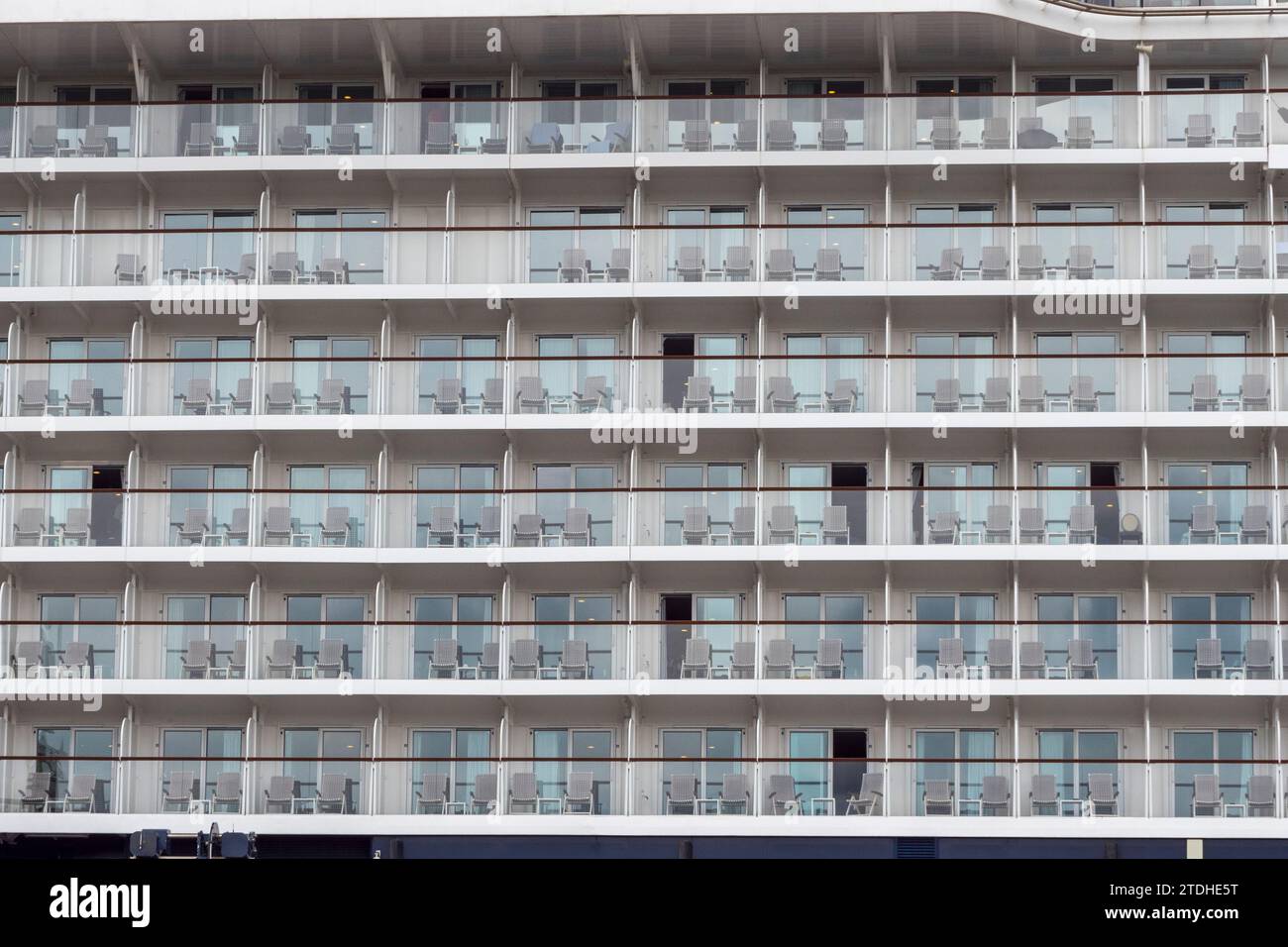 Close up of balcony cabins on the Mein Schiff 6 (TUI Cruises) moored in ...