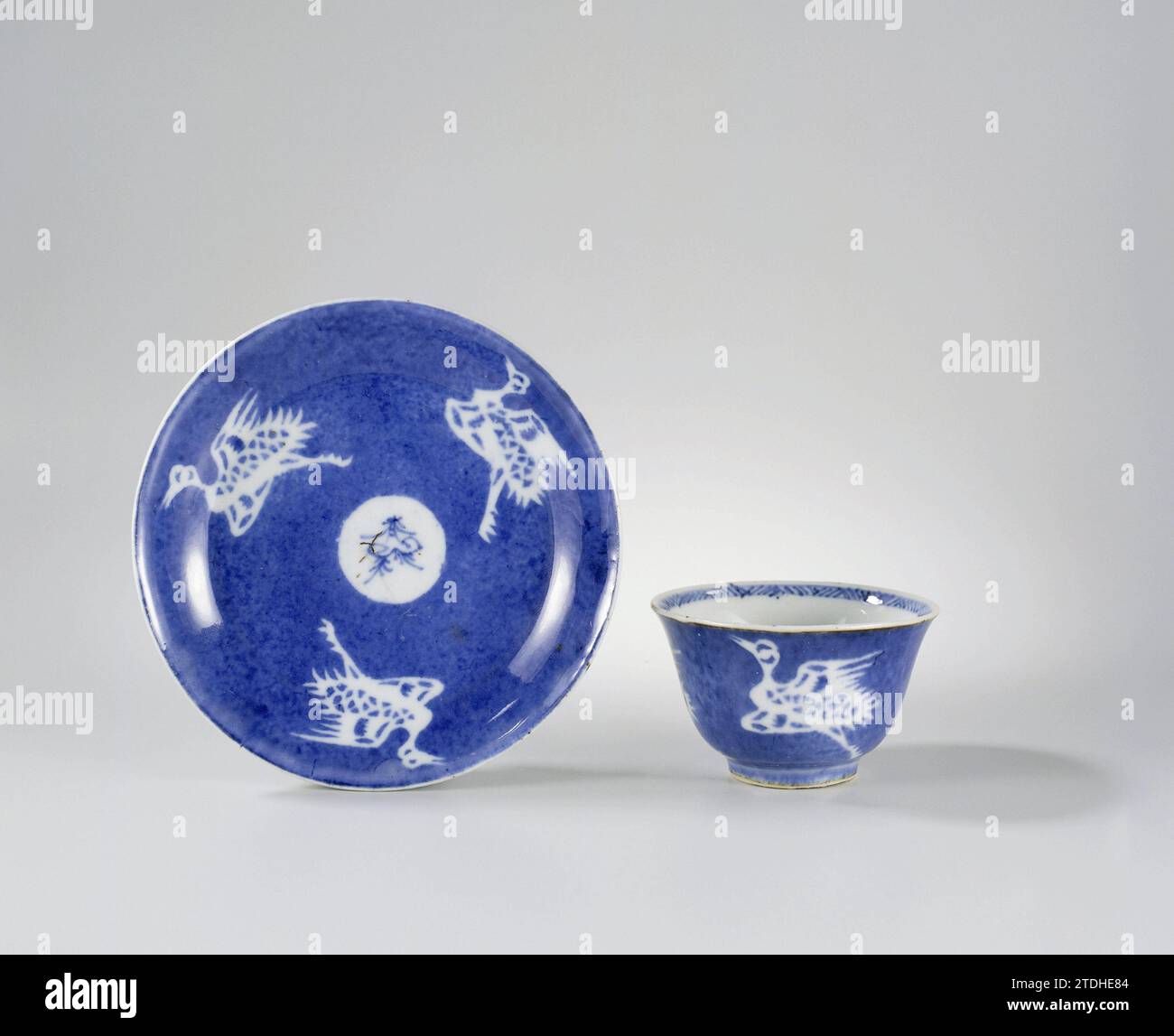 Cup and saucer with powder blue and cranes, anonymous, c. 1700 - c ...
