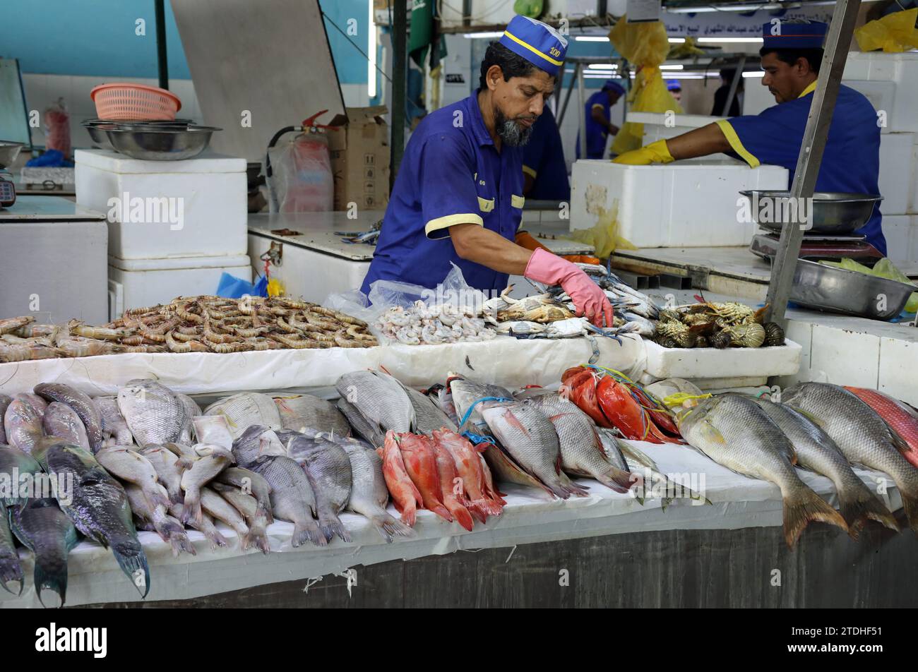Fresh fish displayed on a stall at Jeddah Central Fish Market on the ...