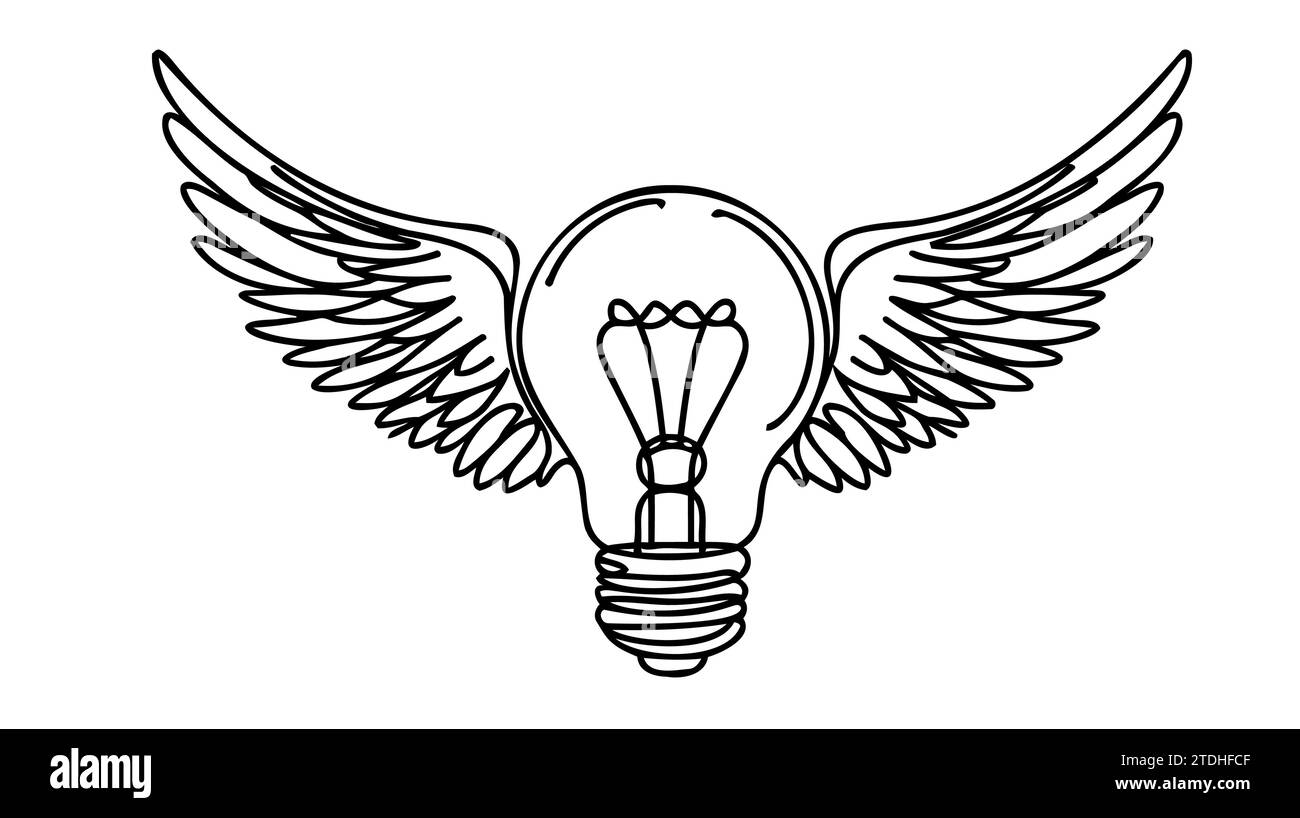 Continuous One line drawing of light bulb with wings. Creative power ...