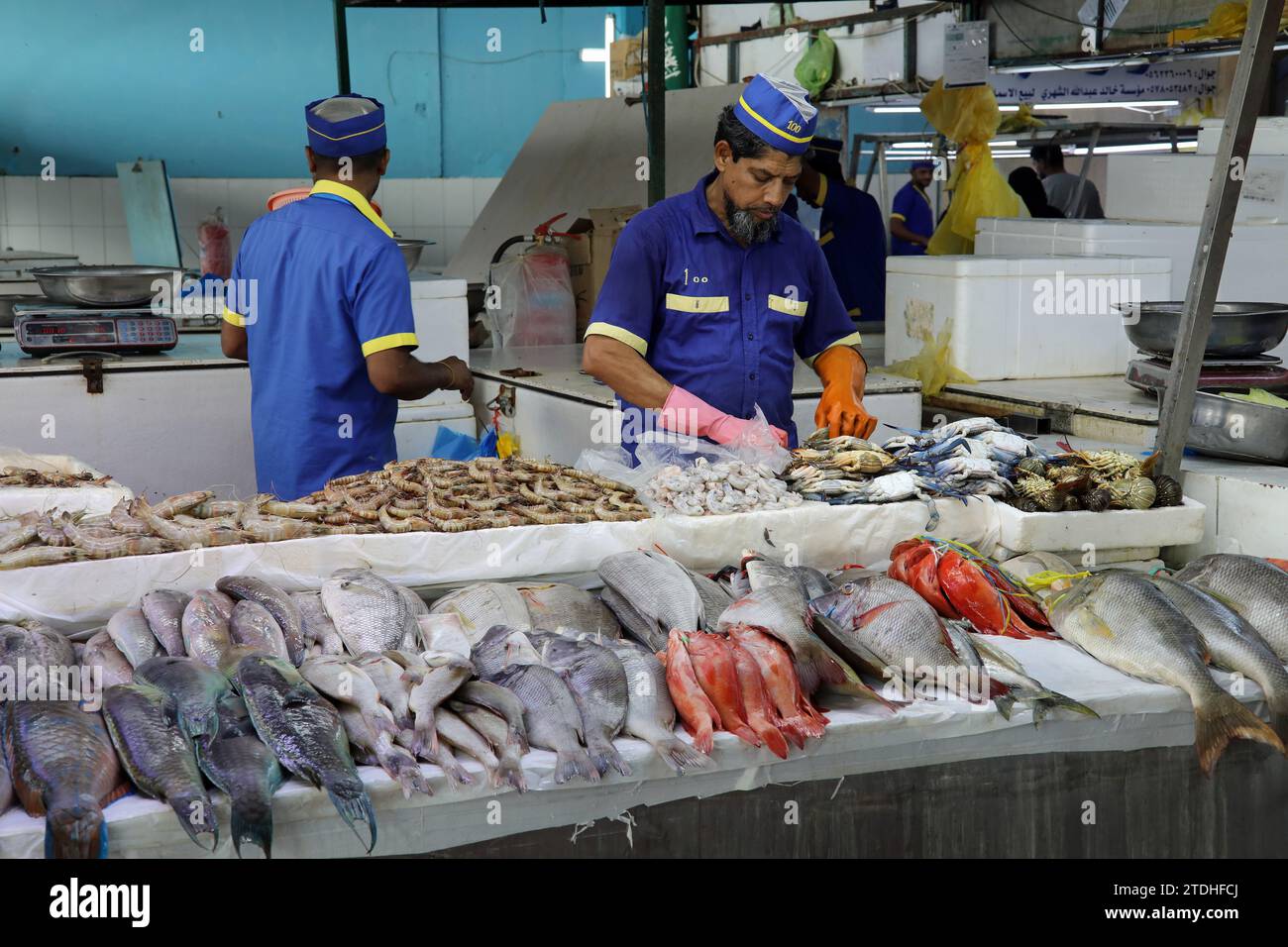Fresh fish displayed on a stall at Jeddah Central Fish Market on the ...